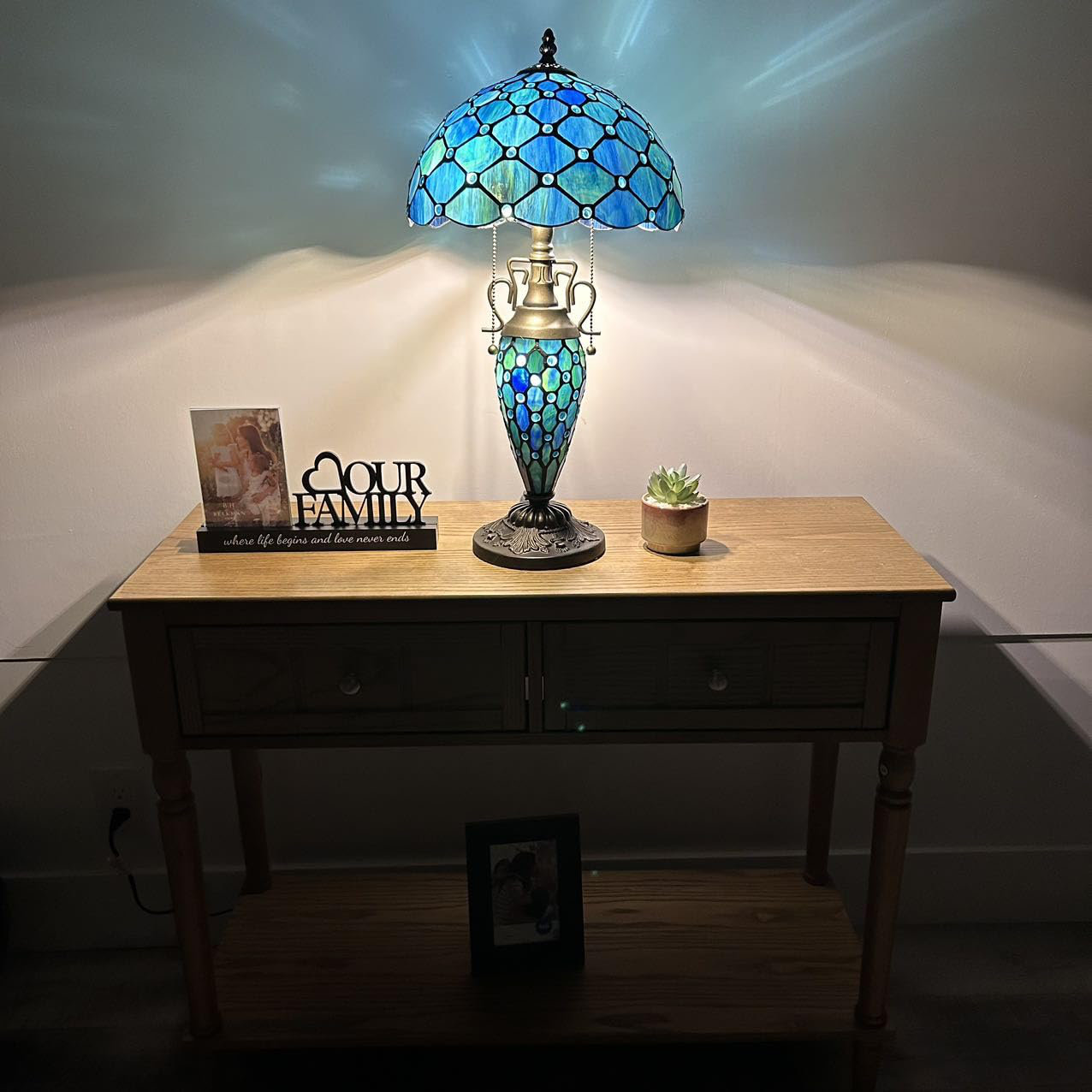 Astoria Grand Haruko Tiffany Table Lamp Blue Stained Glass Shade And ...
