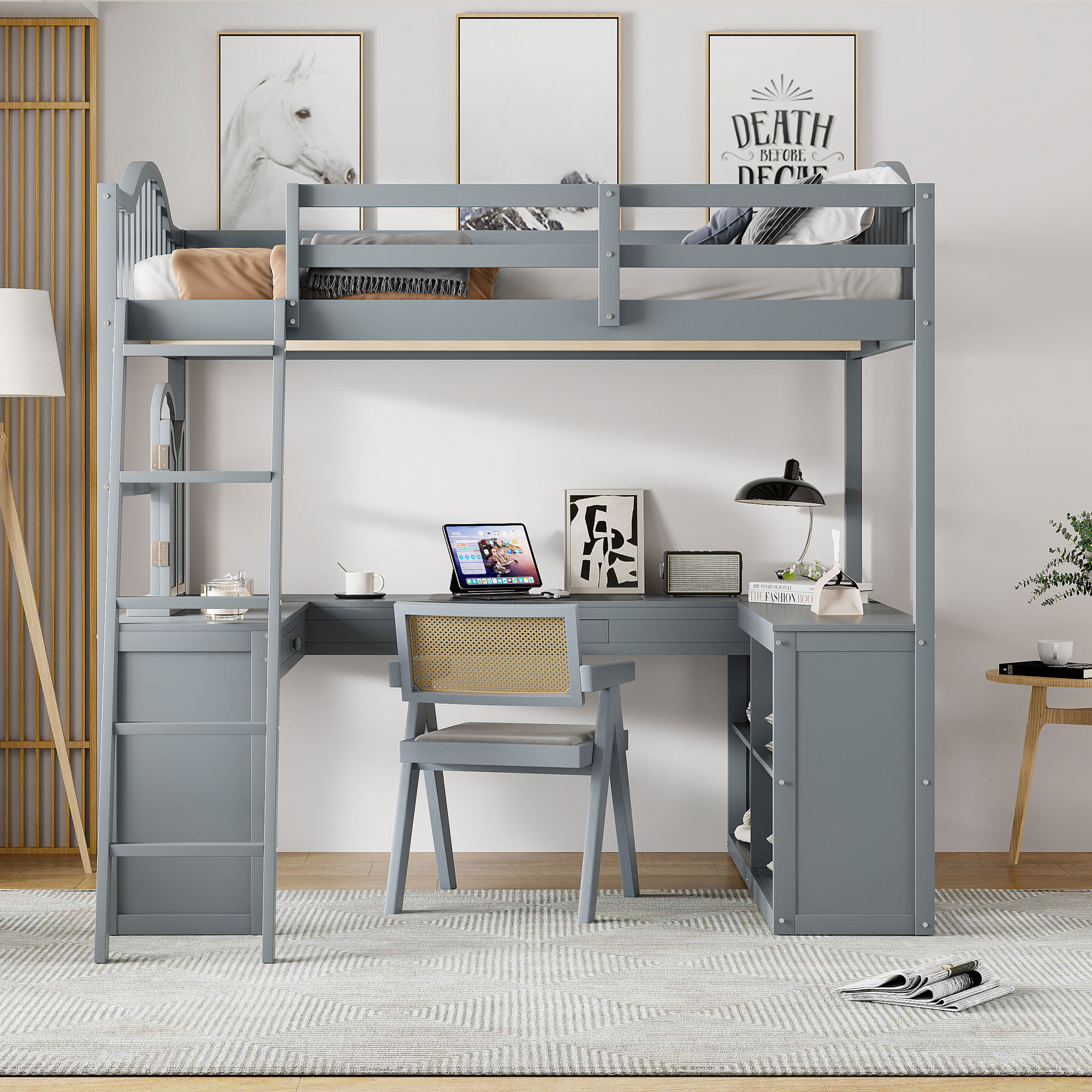 Harriet Bee Full Wooden Loft Bed with U-shaped Desk,Storage ...