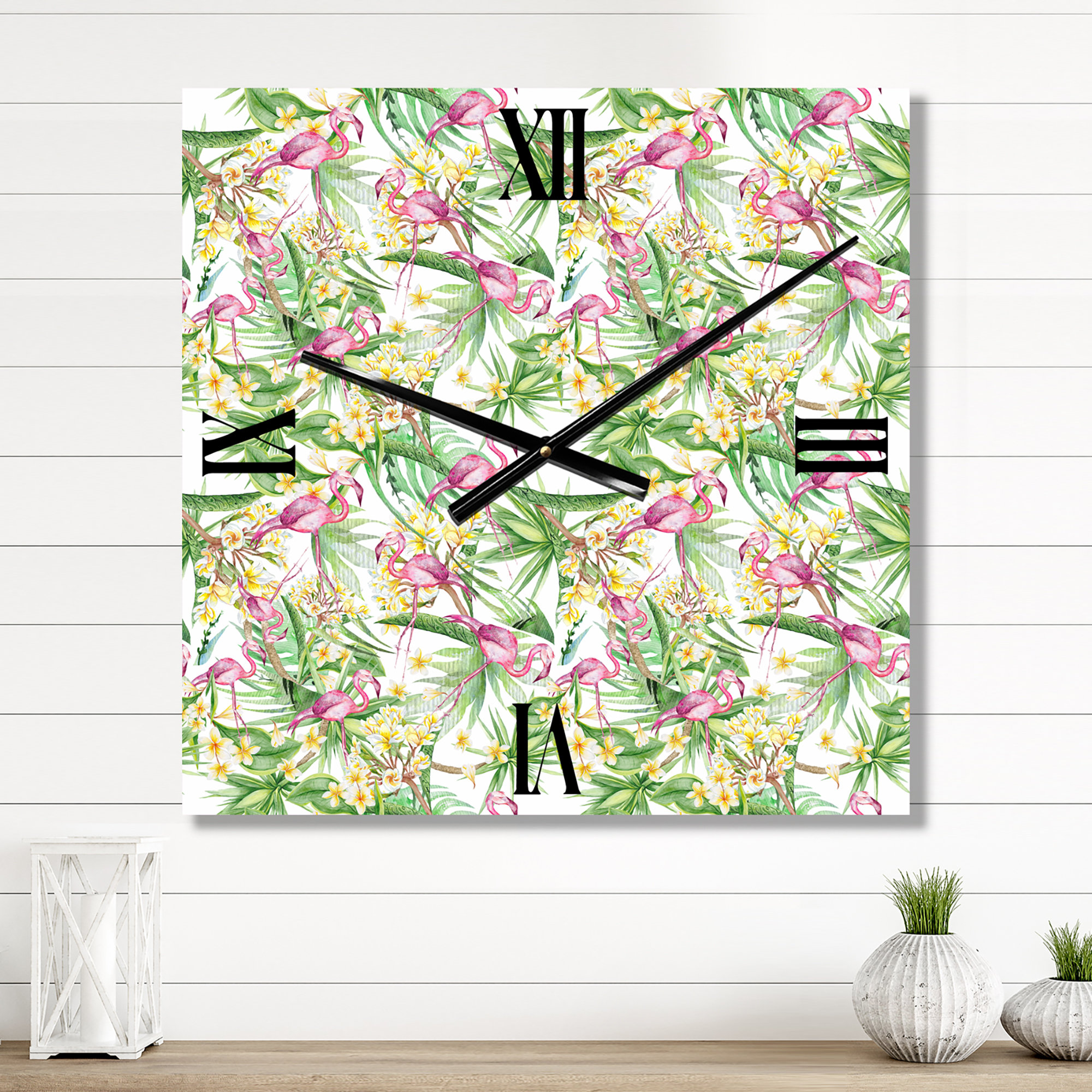 East Urban Home Tropical Foliage Flowers with Flamingo II Wall Clock ...