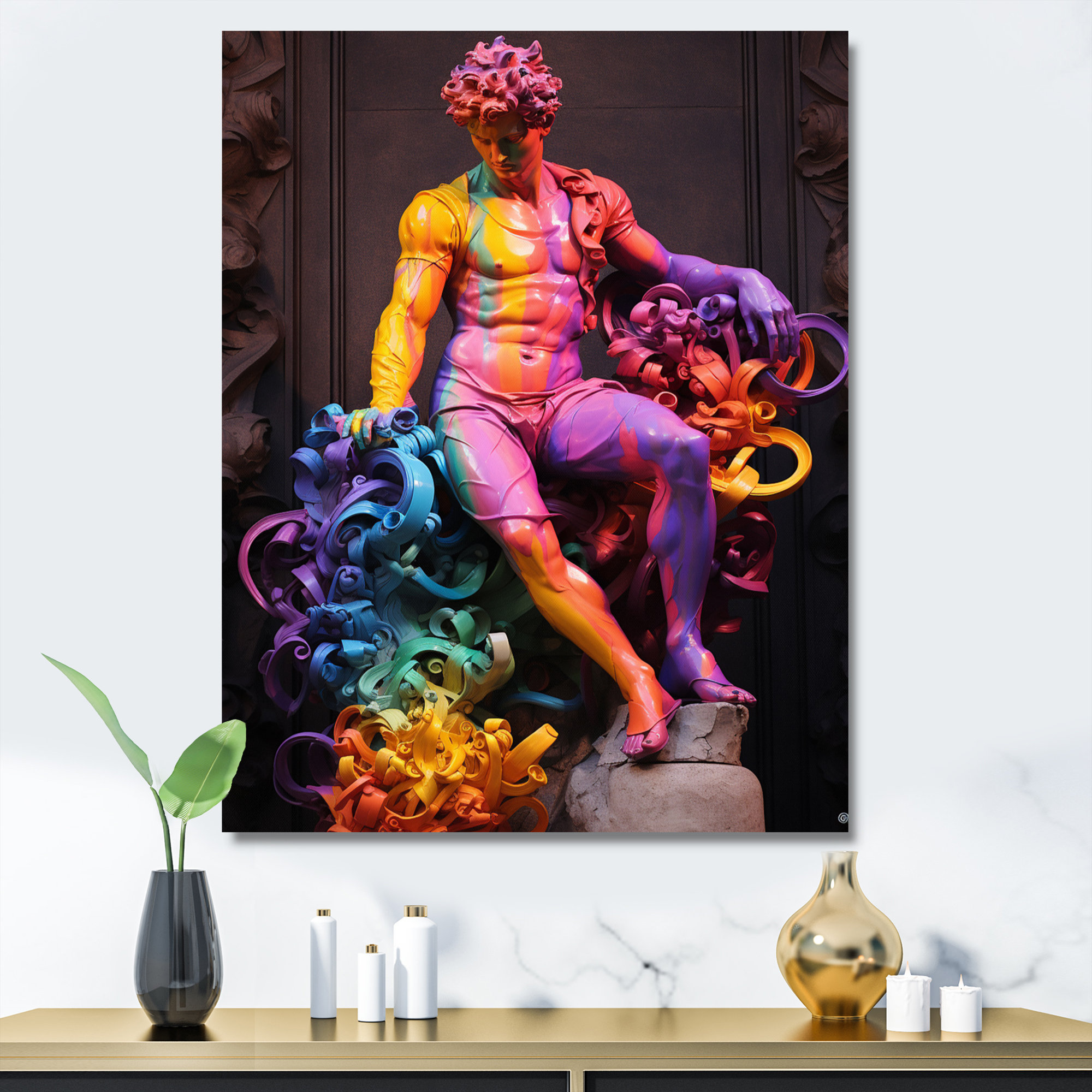 Ebern Designs " Rainbow David Of Michelangelo Statute " on Canvas | Wayfair