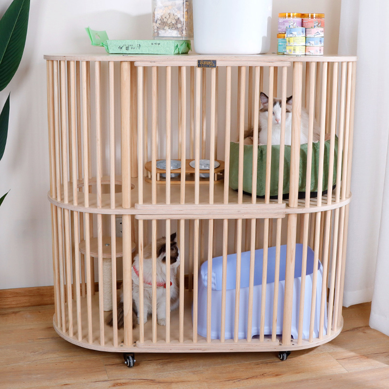 Zalap Solid Wood 2 Tier Natural Pet Cat Playpens Cages House | Wayfair
