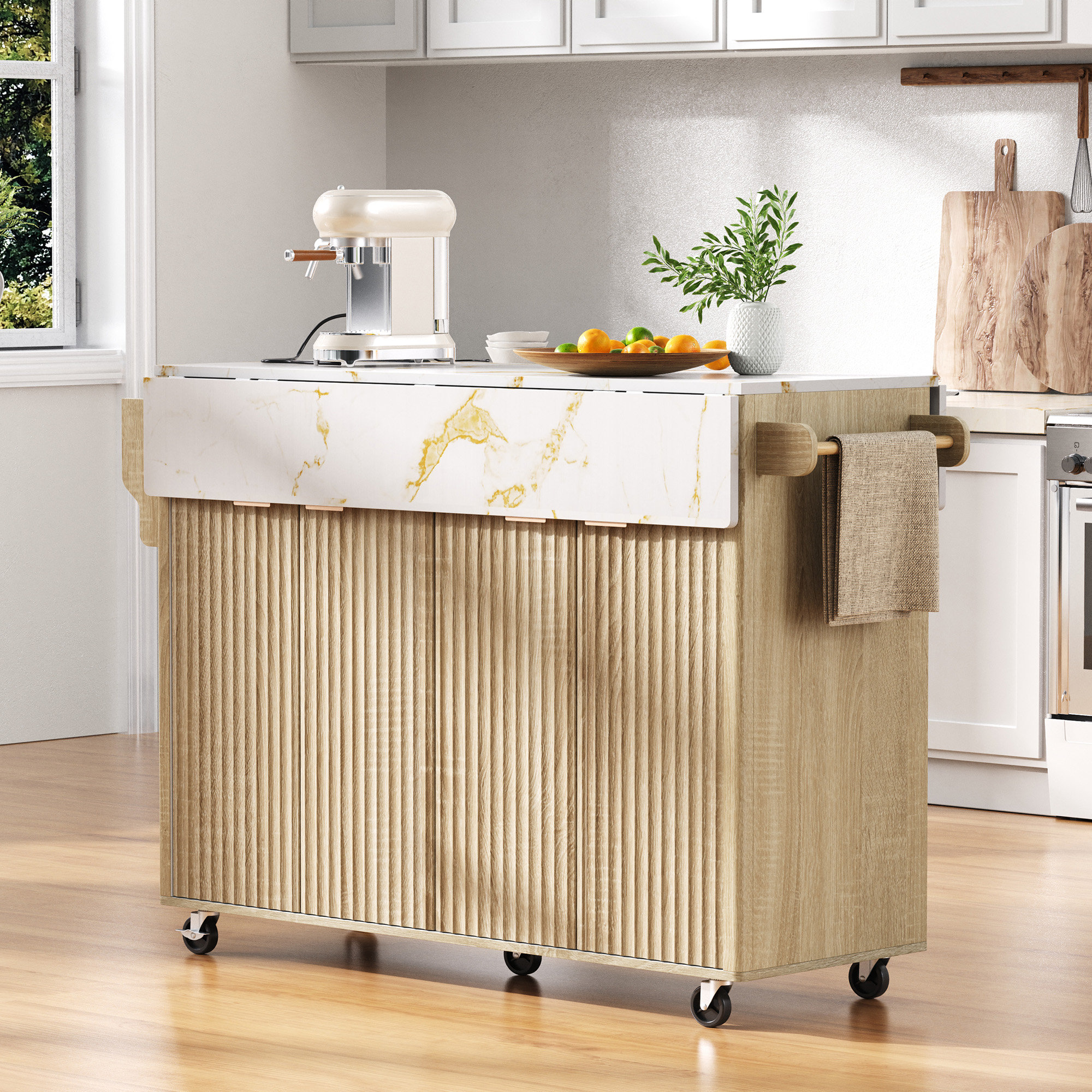 Ophelia & Co. 55.5" Fluted Kitchen Island With 2 Drop Leaf, Storage ...
