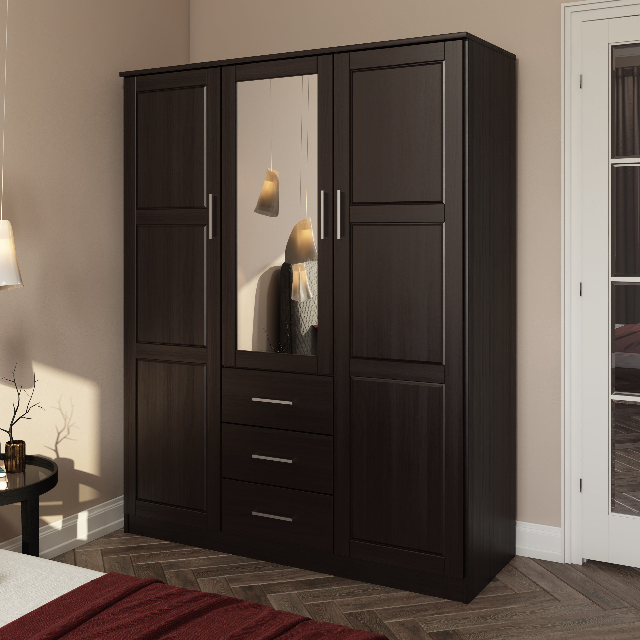 Wade Logan® Aveah 100% Solid Wood 3-door Wardrobe Armoire with Mirrored ...