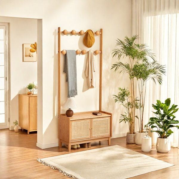 Elegant Home Furnishings.s Solid Oak Hall Tree with Rattan Design | Wayfair
