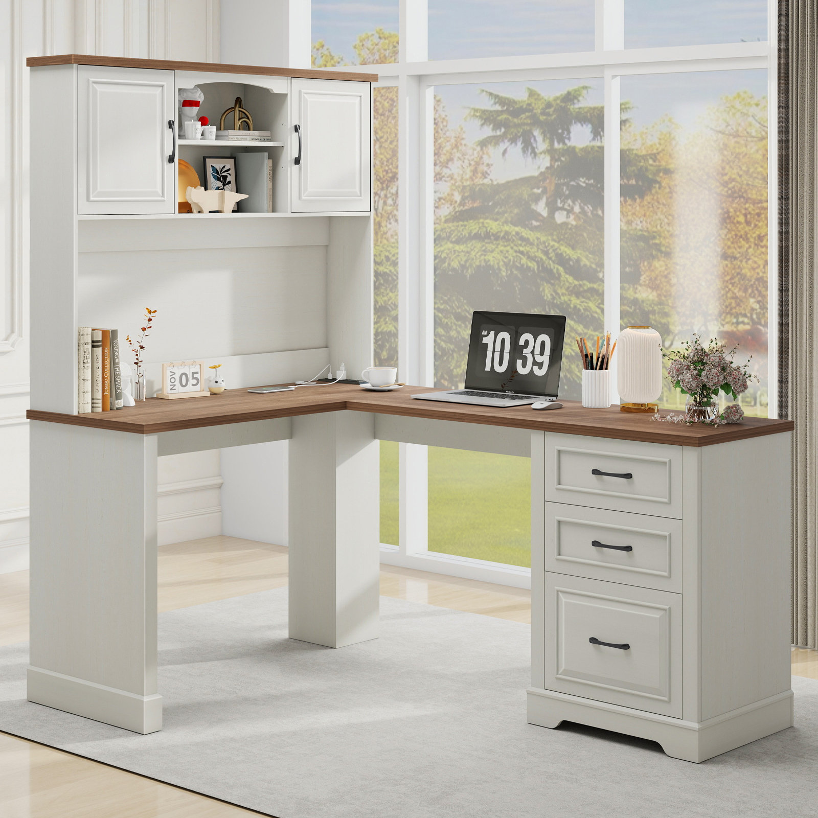 Gracie Oaks Farmhouse L Shaped Executive Desk With Hutch | Wayfair