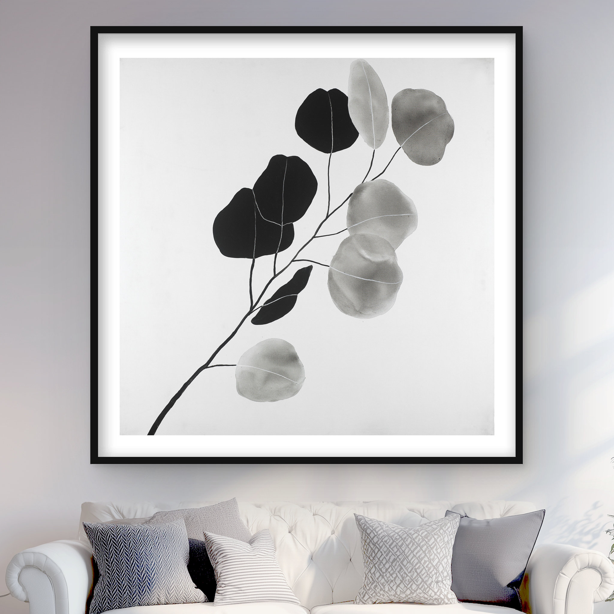 Lark Manor™ Grayscale Branch with Round Shape Leaves - Framed Art Print ...