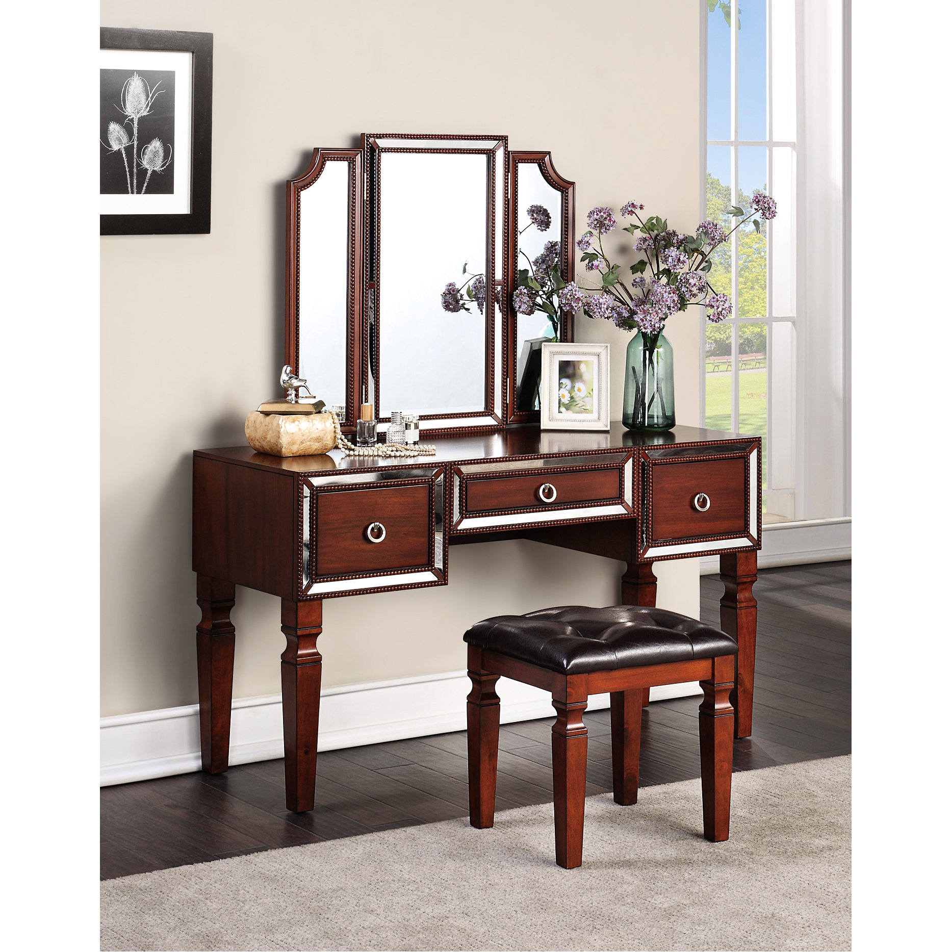 Astoria Grand Bedroom Furniture - Vanity With Stool, 3 Drawers & Tri ...