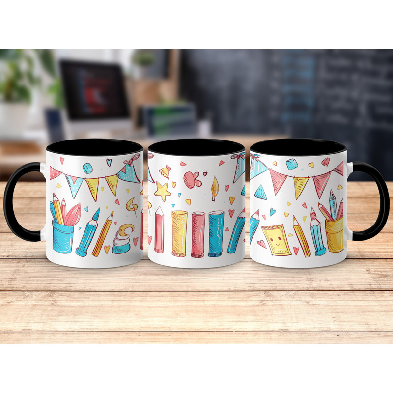 East Urban Home Kids Drawing Style 11oz Accent Mugs – White Ceramic ...