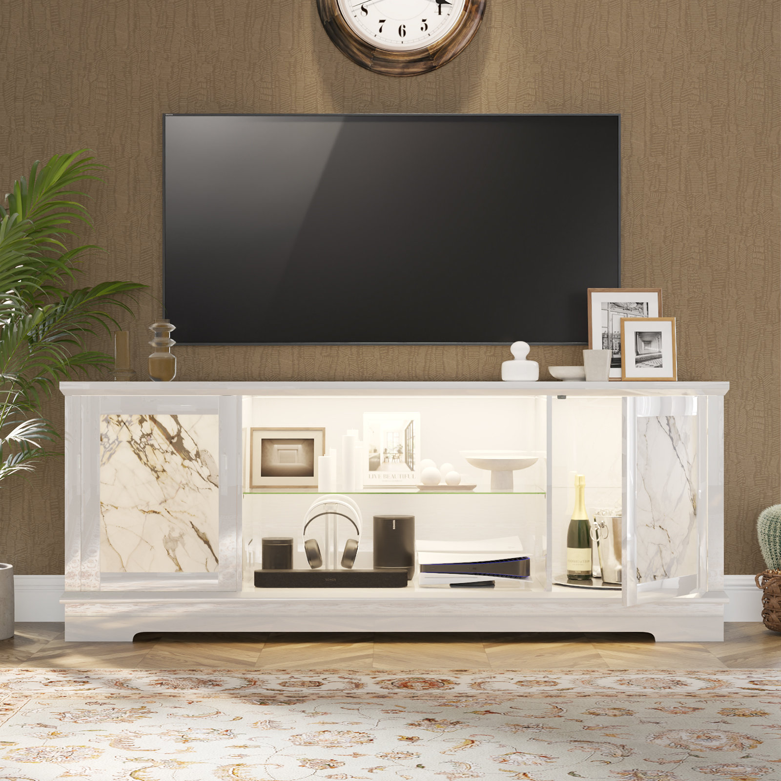 Red Barrel Studio® Alarriah 63'' W Natural Marble TV Stand,Highgloss TV ...