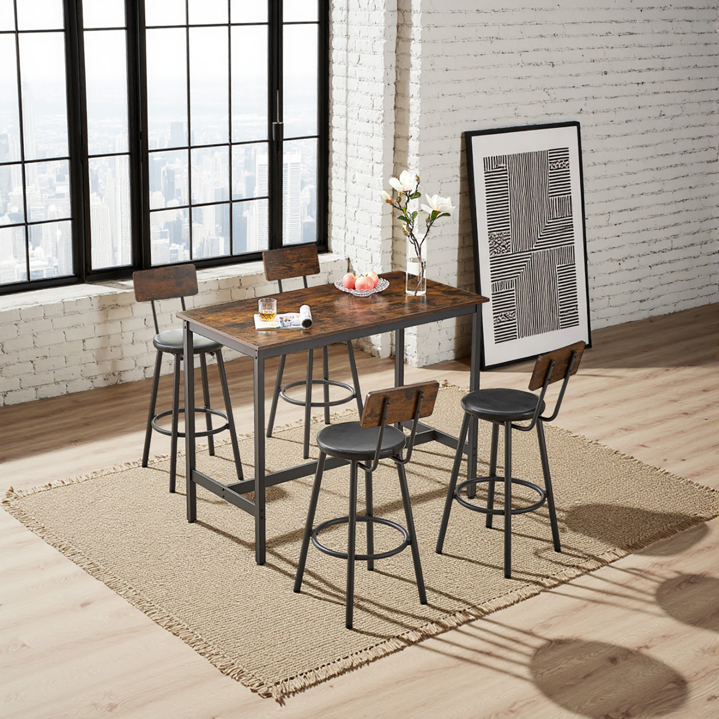 17 Stories Rustic Brown Pub High Dining Table Set, Industrial Style ...