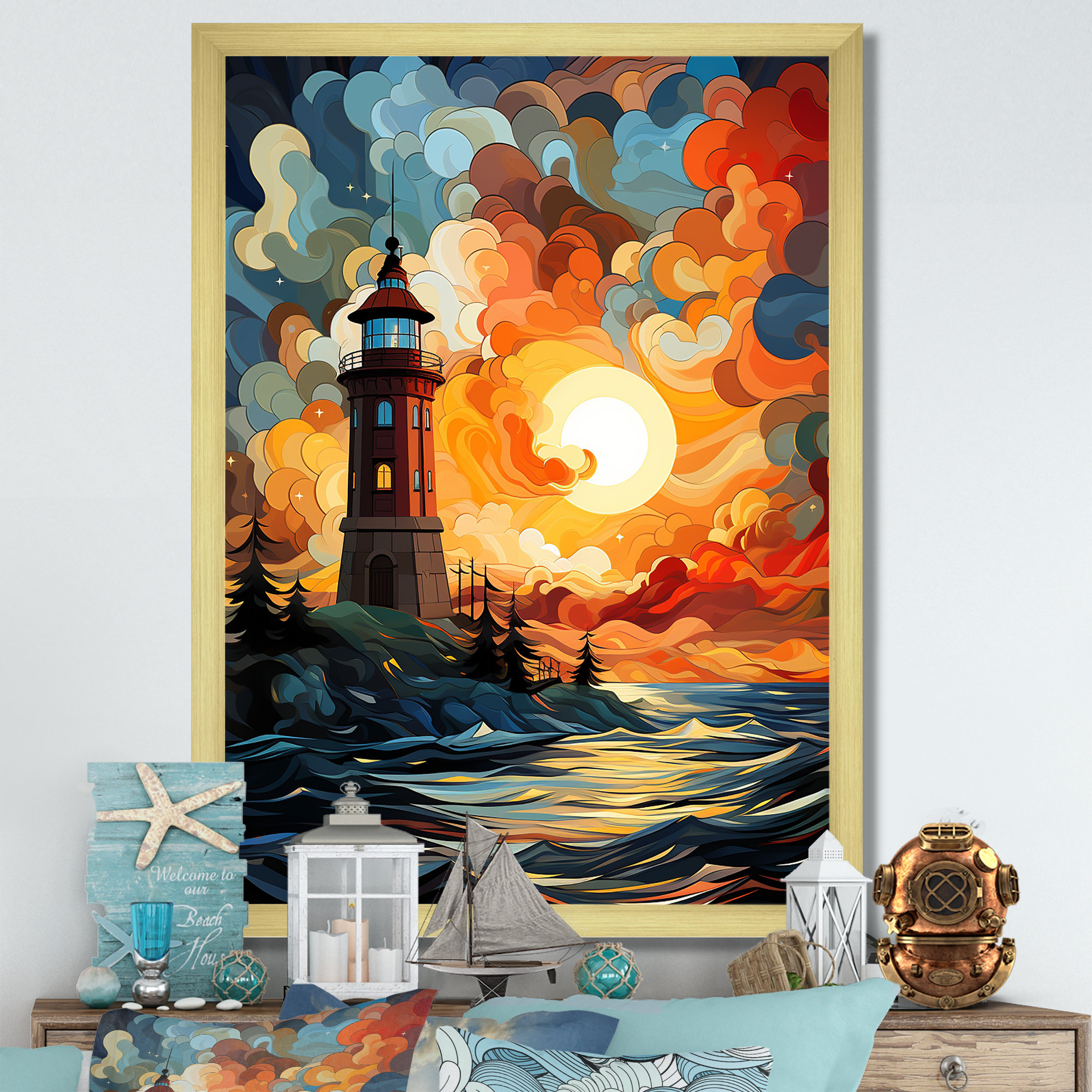 Longshore Tides Coastal Stormy Sunset Lighthouse Breeze II ...