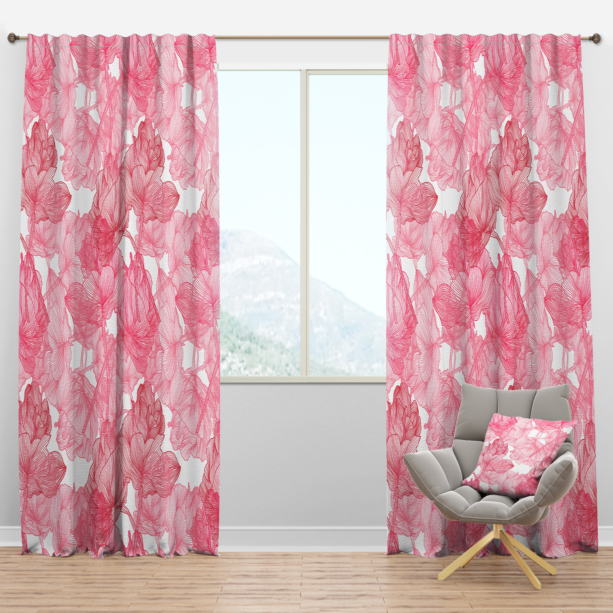 Design Art Hand Drawn Floral Semi-Sheer Thermal Rod Pocket Single ...