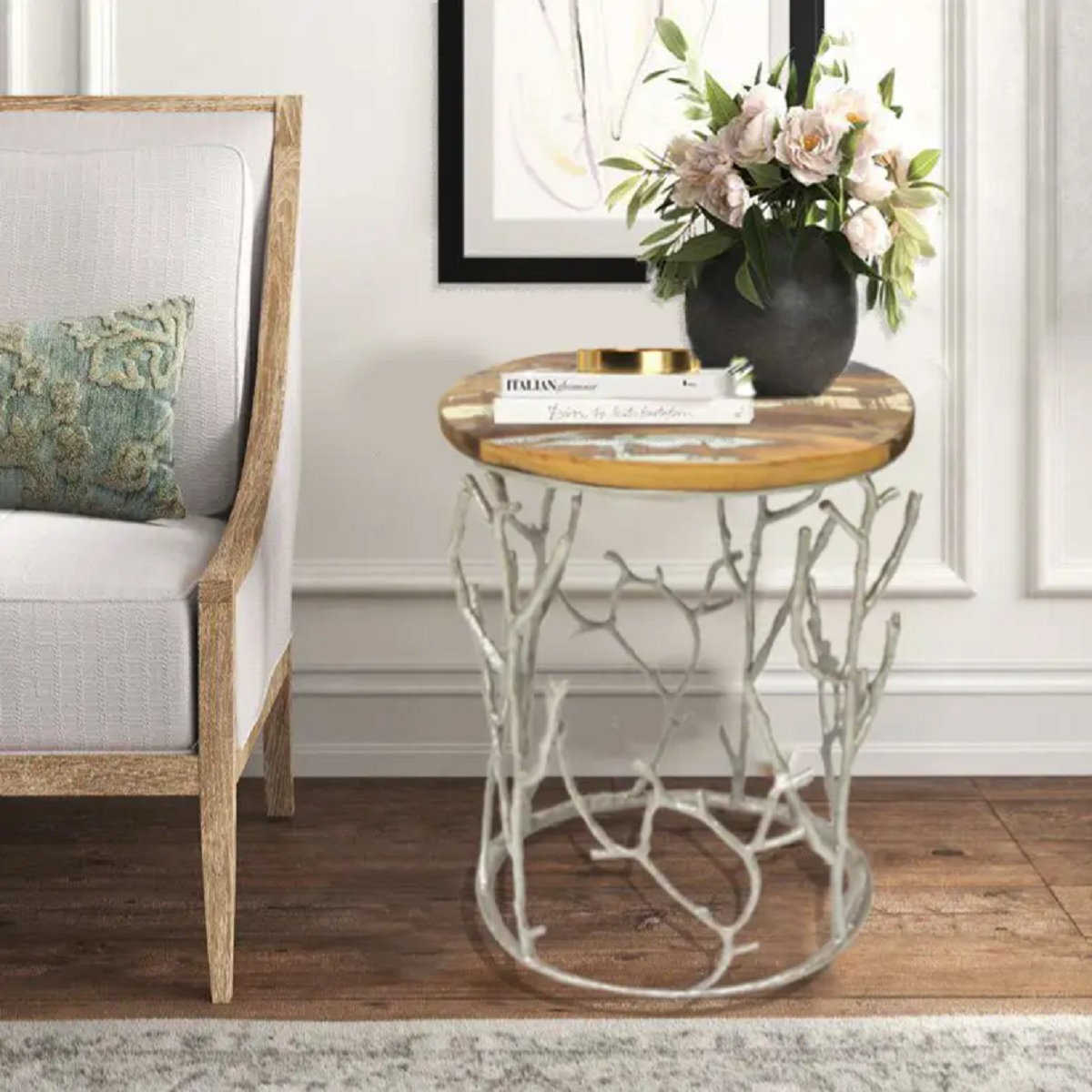 Design Gallerie Round Wood Pedestal End Table with Silver Metal Base ...