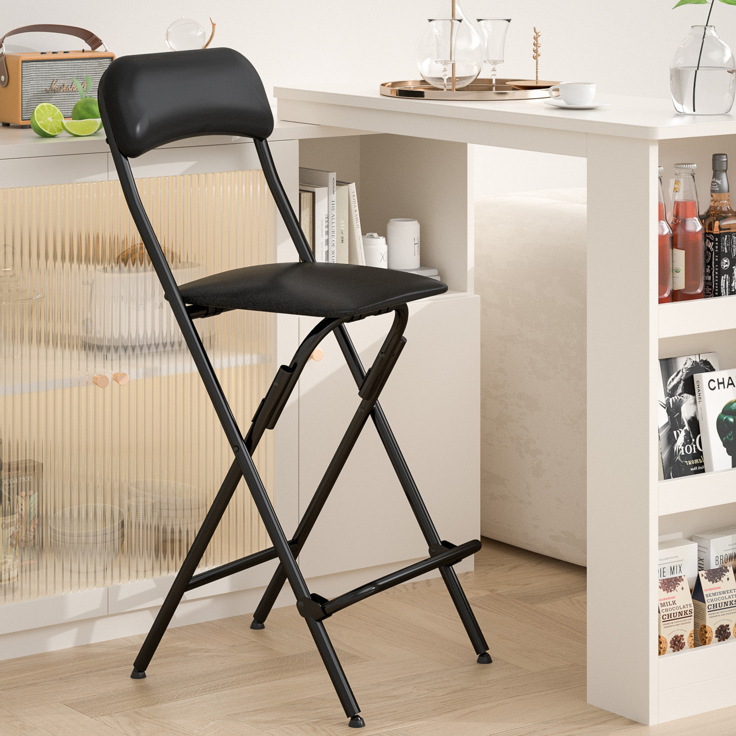 Ebern Designs 38'' Vinyl-padded Folding Bar Stool With Footrest, Seat ...