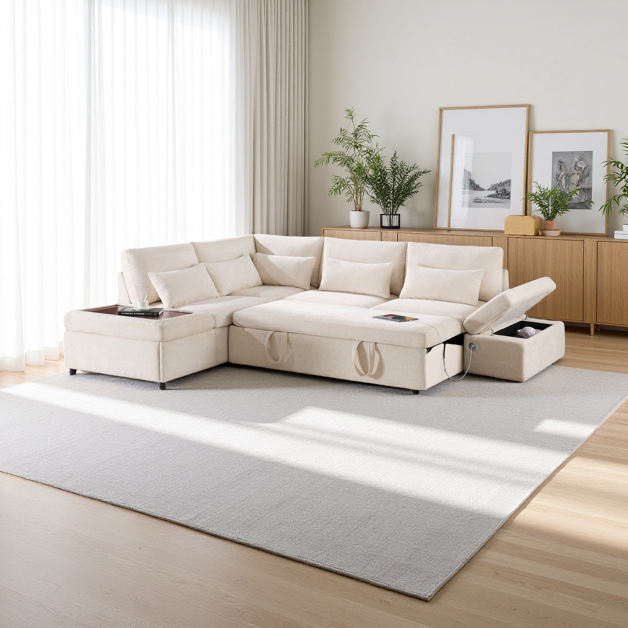 Ebern Designs 107'' Modular Sectional Pull-Out Sofa, L Shape With Wide ...