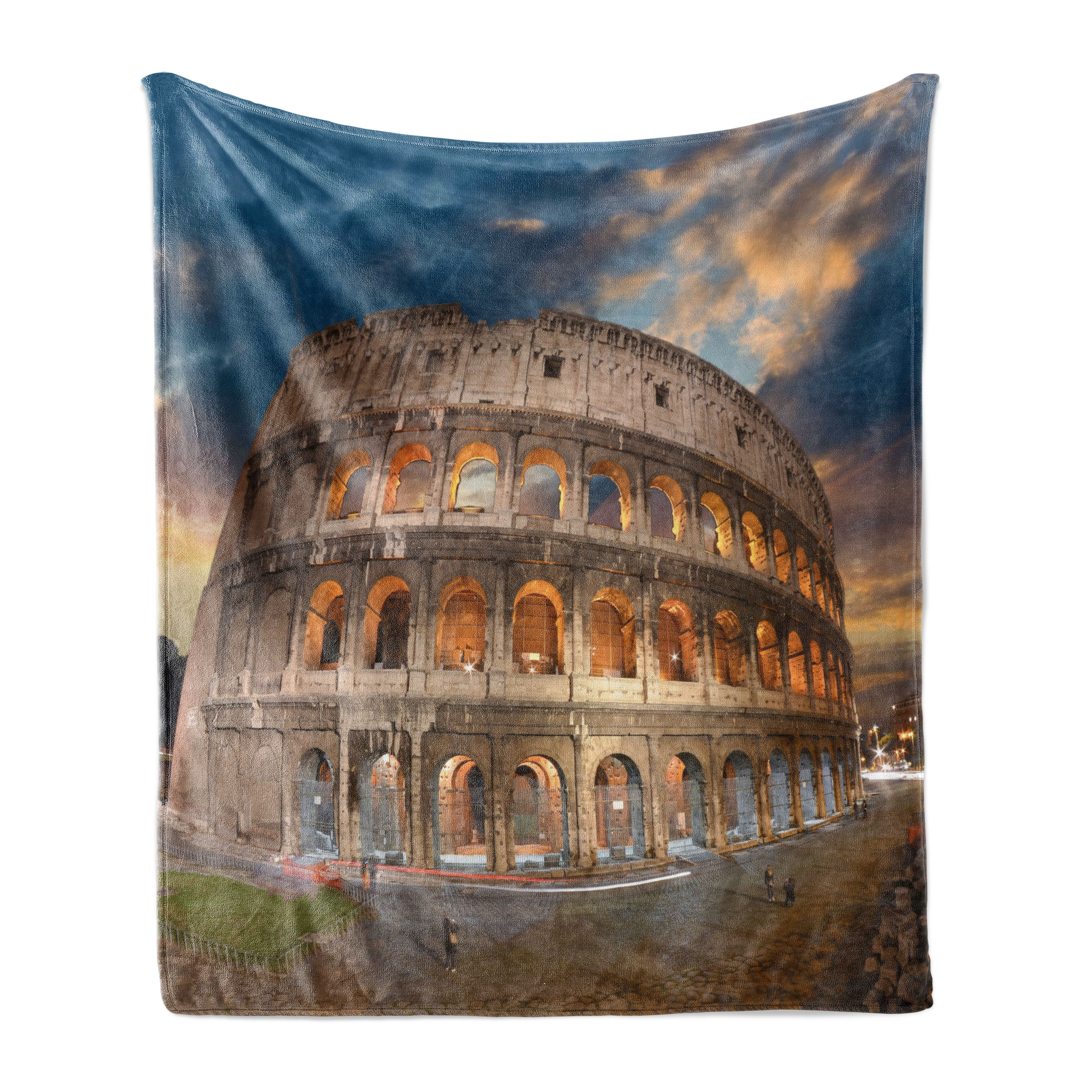 Ambesonne Italian Fleece Throw Blanket Colosseum at Sunset Blue Tan ...