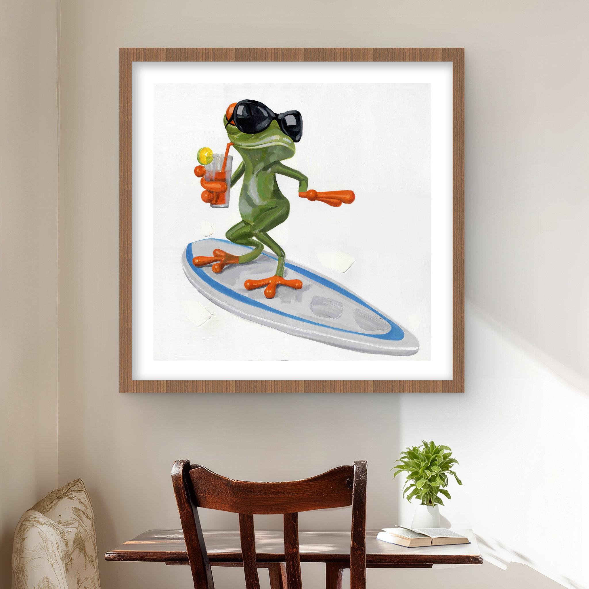 Lark Manor™ Funny frog surfing - Orange Animals matted print for decor ...