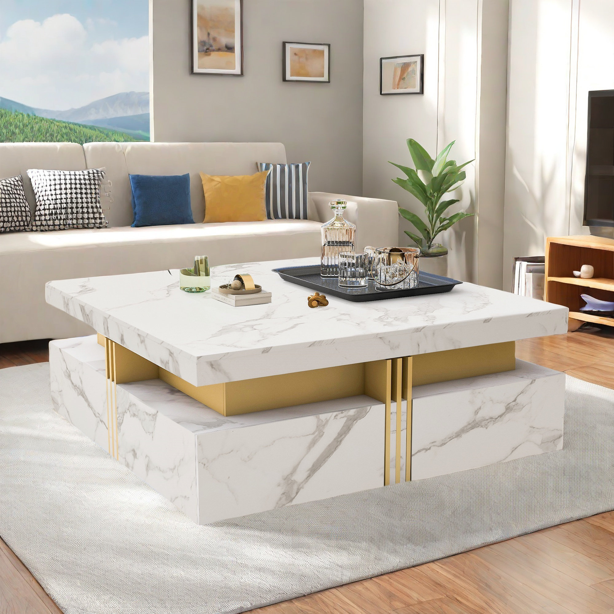 Mercer41 Modern White Square Storage Coffee Table With 4 Drawers And ...