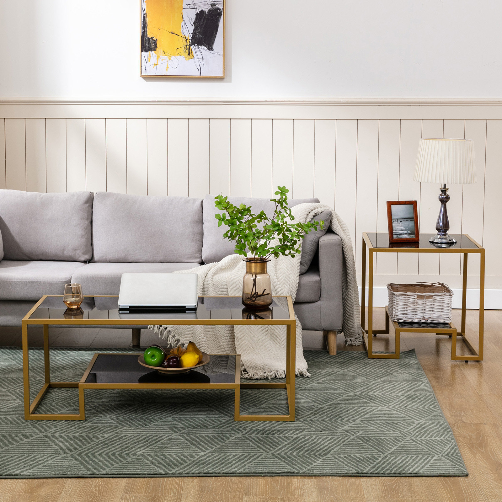 Ivy Bronx 3 - Piece Living Room Table Set, 3 Piece Glass Coffee Table ...