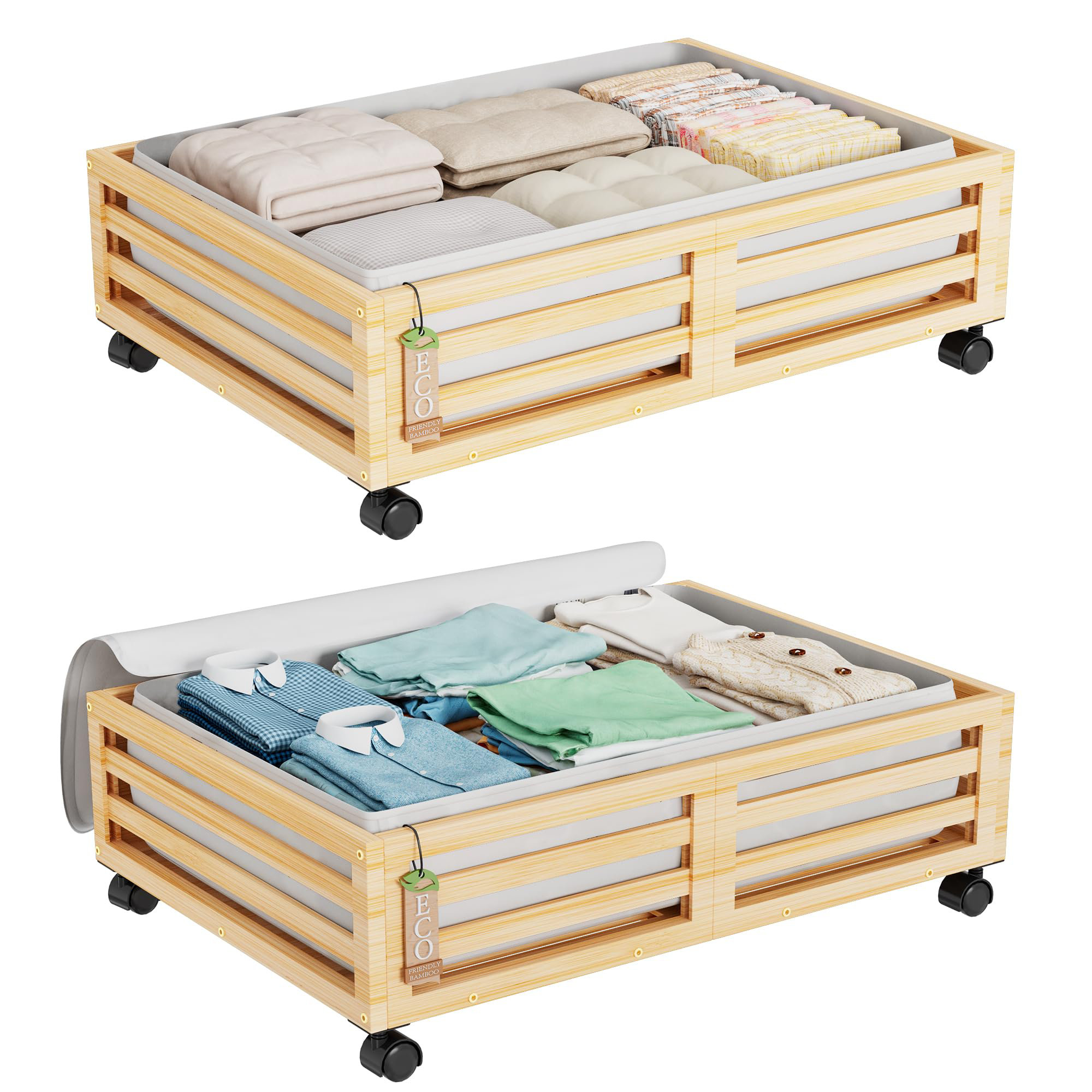TUHOME FURNITURE LLC 2-Pack Bamboo Sturdy Wooden Rolling Underbed ...
