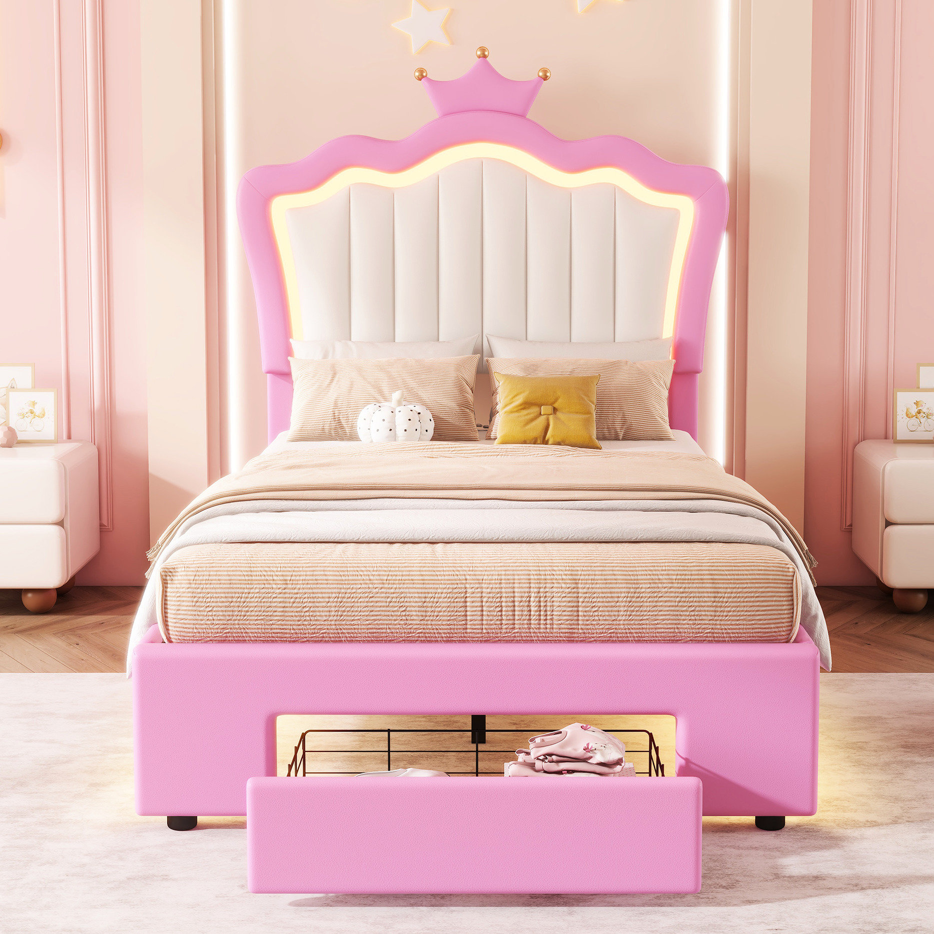 Mercer41 Led Lit Twin Size Upholstered Bed, Delightful Crown Headboard, Drawer, Pink + White ...