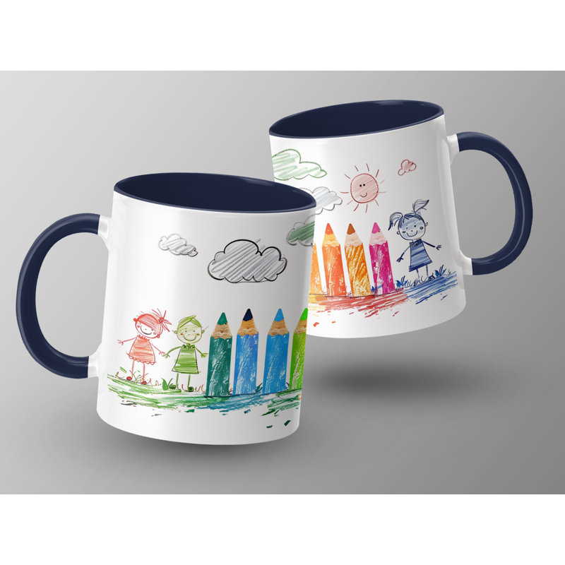 East Urban Home Set of 4 Kids Drawing Style 11oz Accent Mugs – White ...