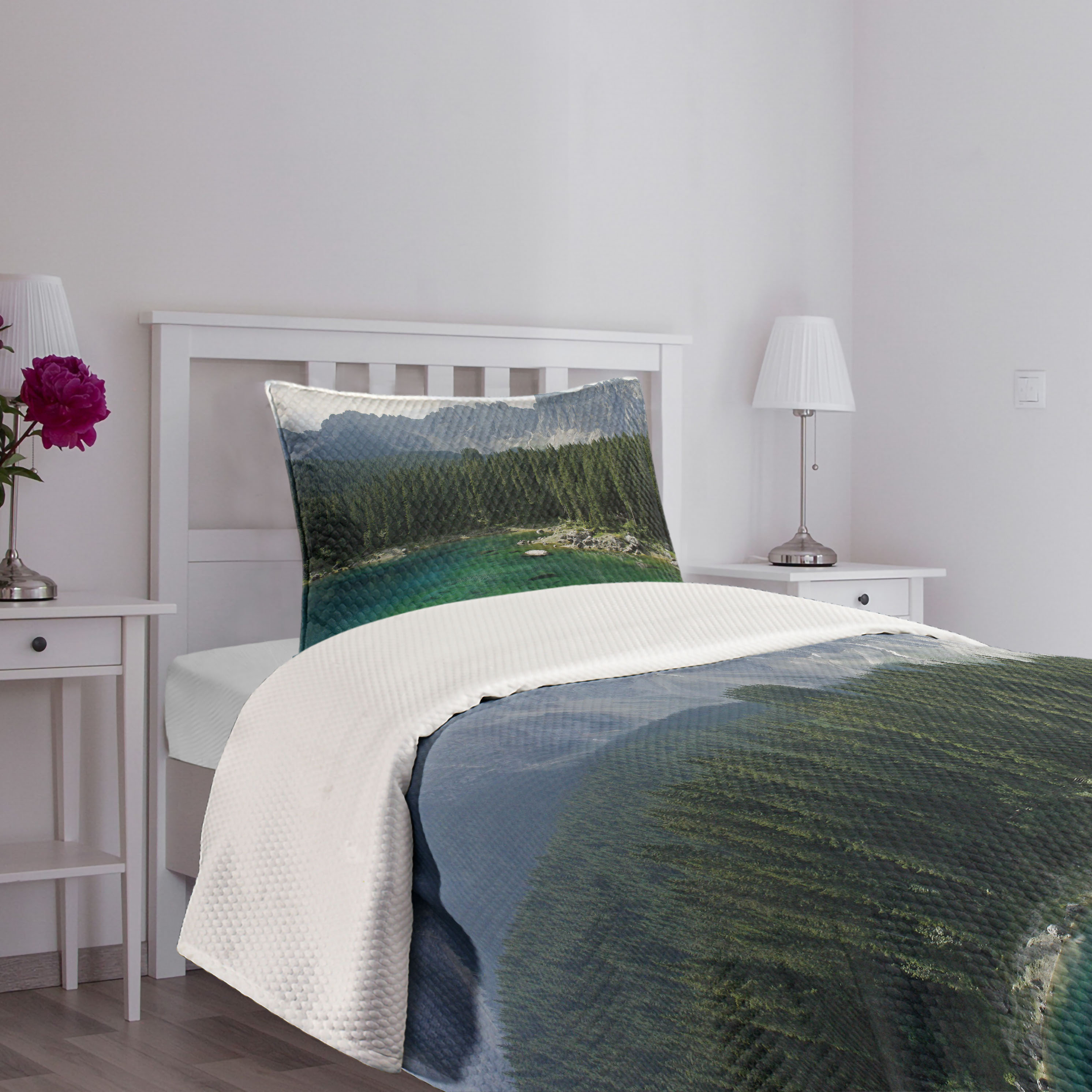 Ambesonne Forest Bedspread Set Aerial View Pines Lake Dark Green Jade ...