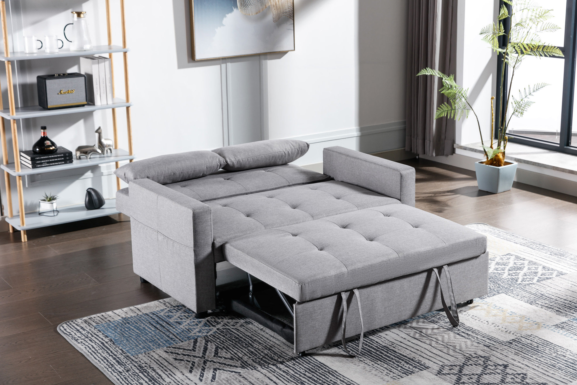 Ebern Designs Linen Fabric 3-In-1 Convertible Sleeper Loveseat With ...