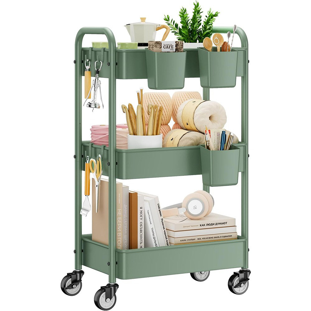 Ebern Designs 3-Tier Rolling Cart, Green, 66 Pounds Capacity, Mesh Sto ...