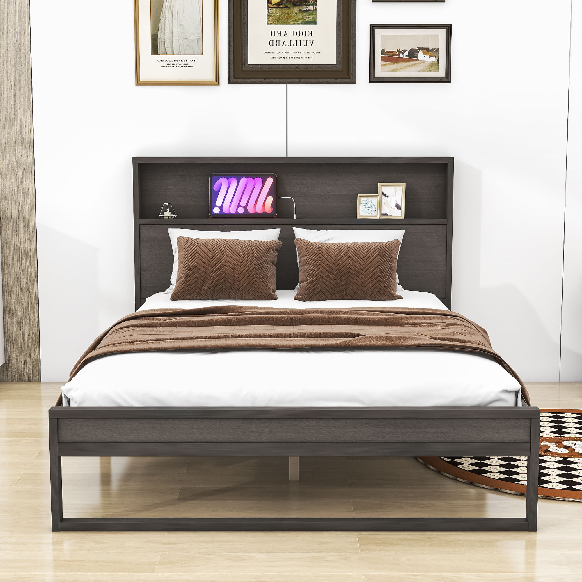 Latitude Run® Wooden Platform Bed with Storage Headboard, Socket and ...