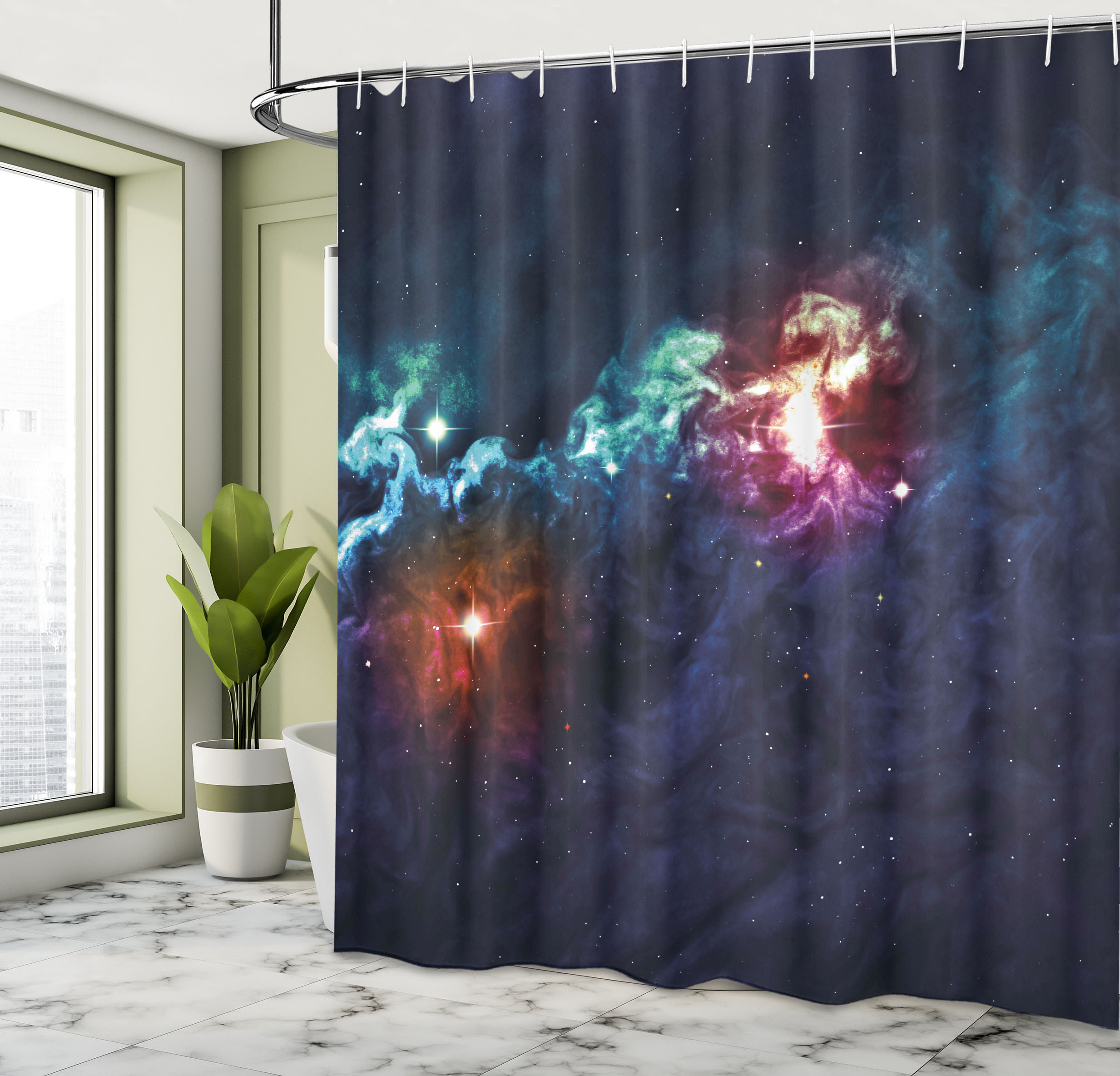 Ivy Bronx Space Shower Curtain Cosmos Galactic Star View Magenta Blue ...