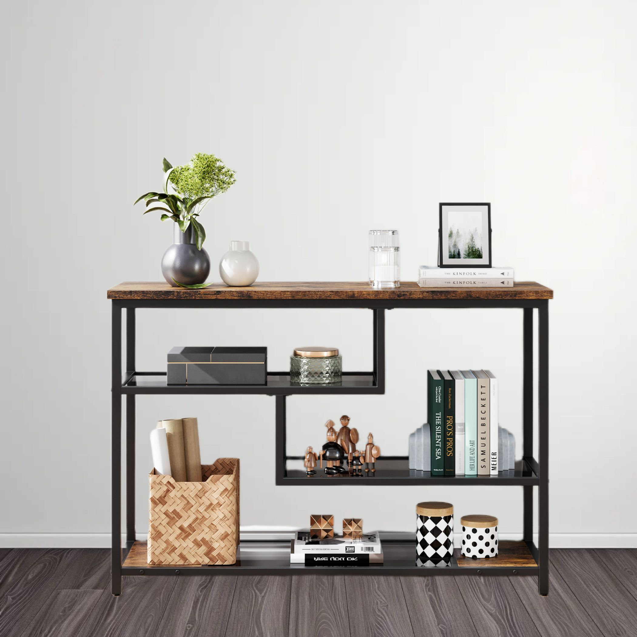 17 Stories 4-tier Console Table, Sofa Table With Glass Shelf And Metal ...