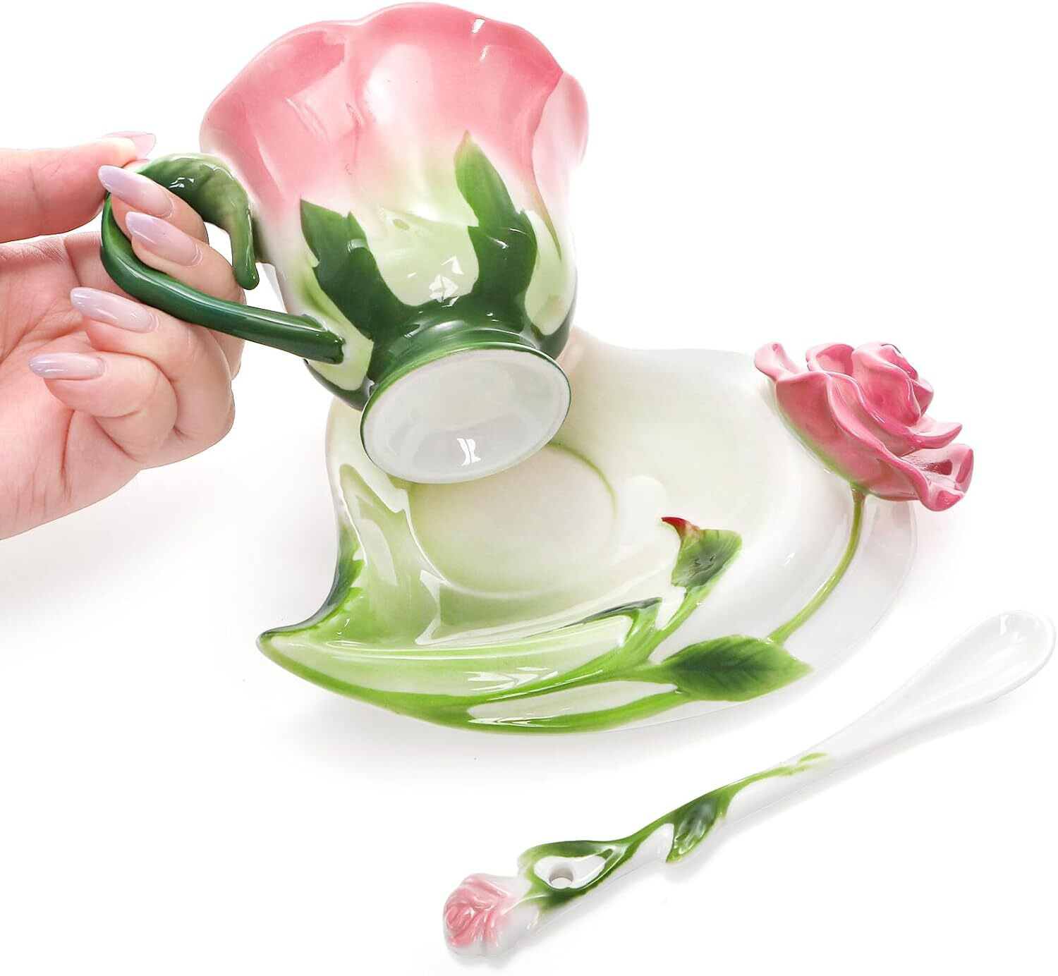 Everly Quinn 4.5Oz Pink Rose Ceramic Cup Set With Saucer & Spoon ...