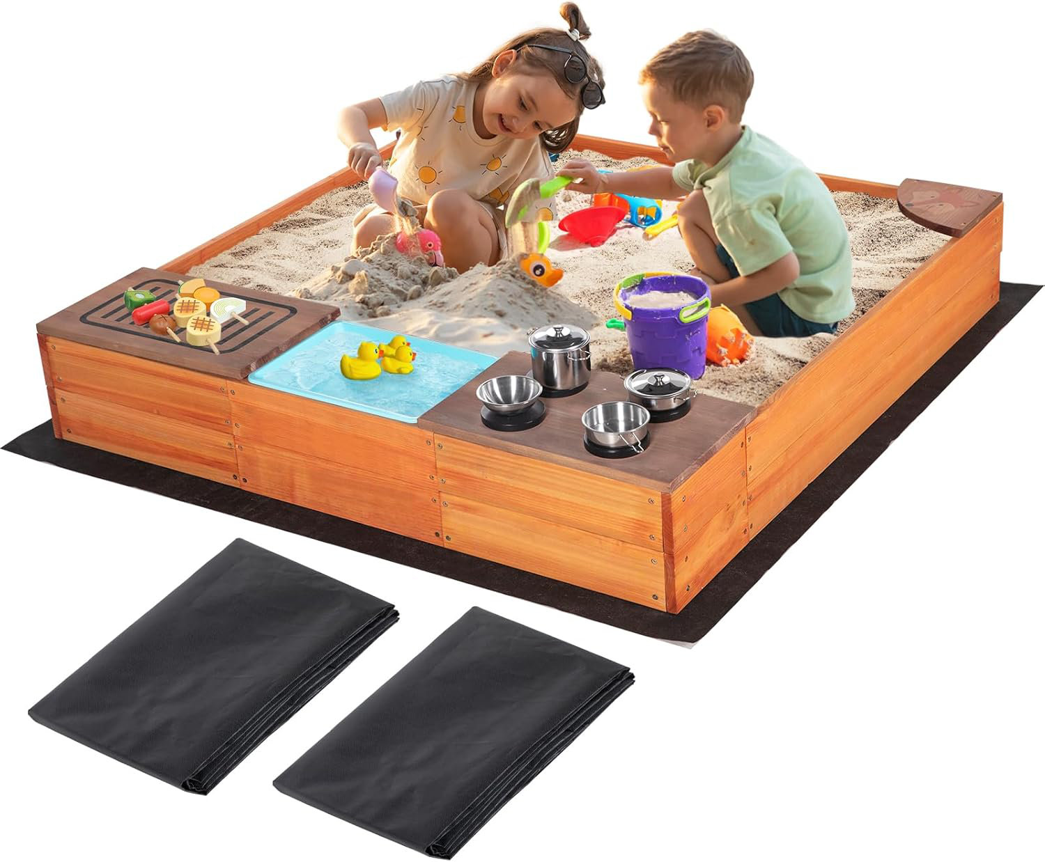 BRINJOY Kids Sandbox With Kitchen Playset, 2 In 1 Wood Sand Pit With ...