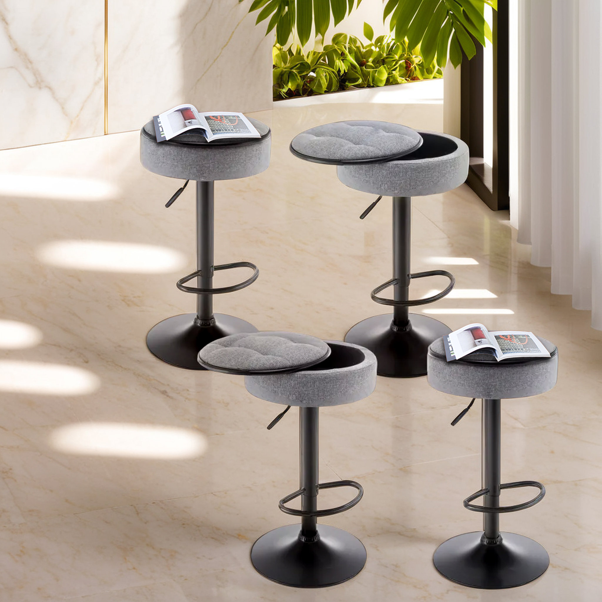 Hokku Designs Round Storage Bar Stool Adjustable Armless Linen (Set of ...