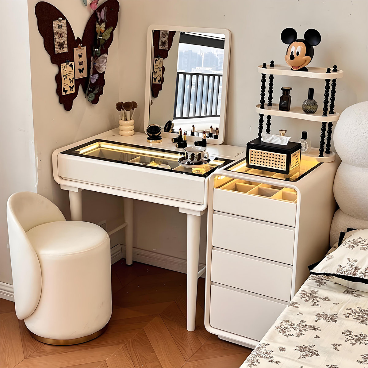 Orren Ellis Modern Cream Style White Makeup Table with Storage | Wayfair