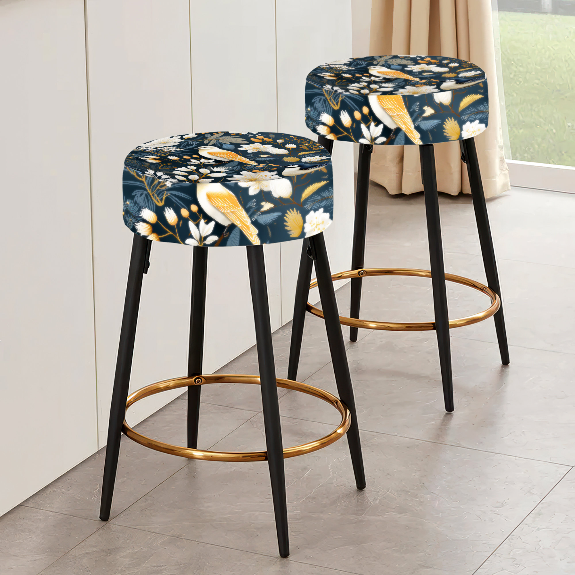 Design Art Blooming Scandinavian Bird Elegance - Floral Bar Stools Set ...