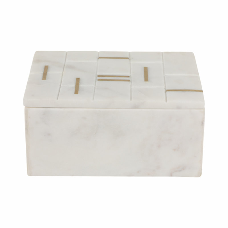 Mercer41 6" White Marble Box With Brass Inlay, White/Gold | Wayfair