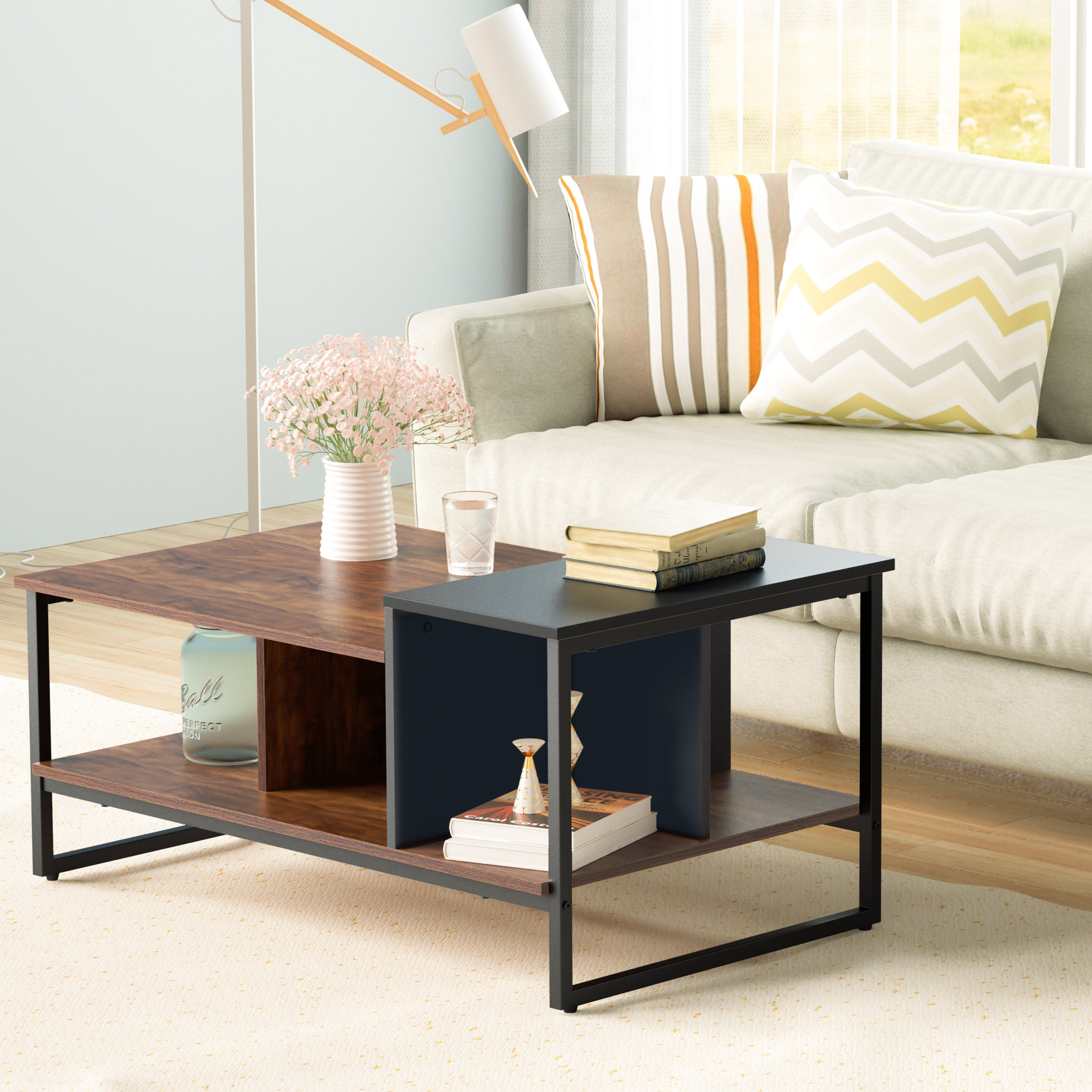 Latitude Run® Coffee Table With Storage Shelves, Multi-Level Platform ...