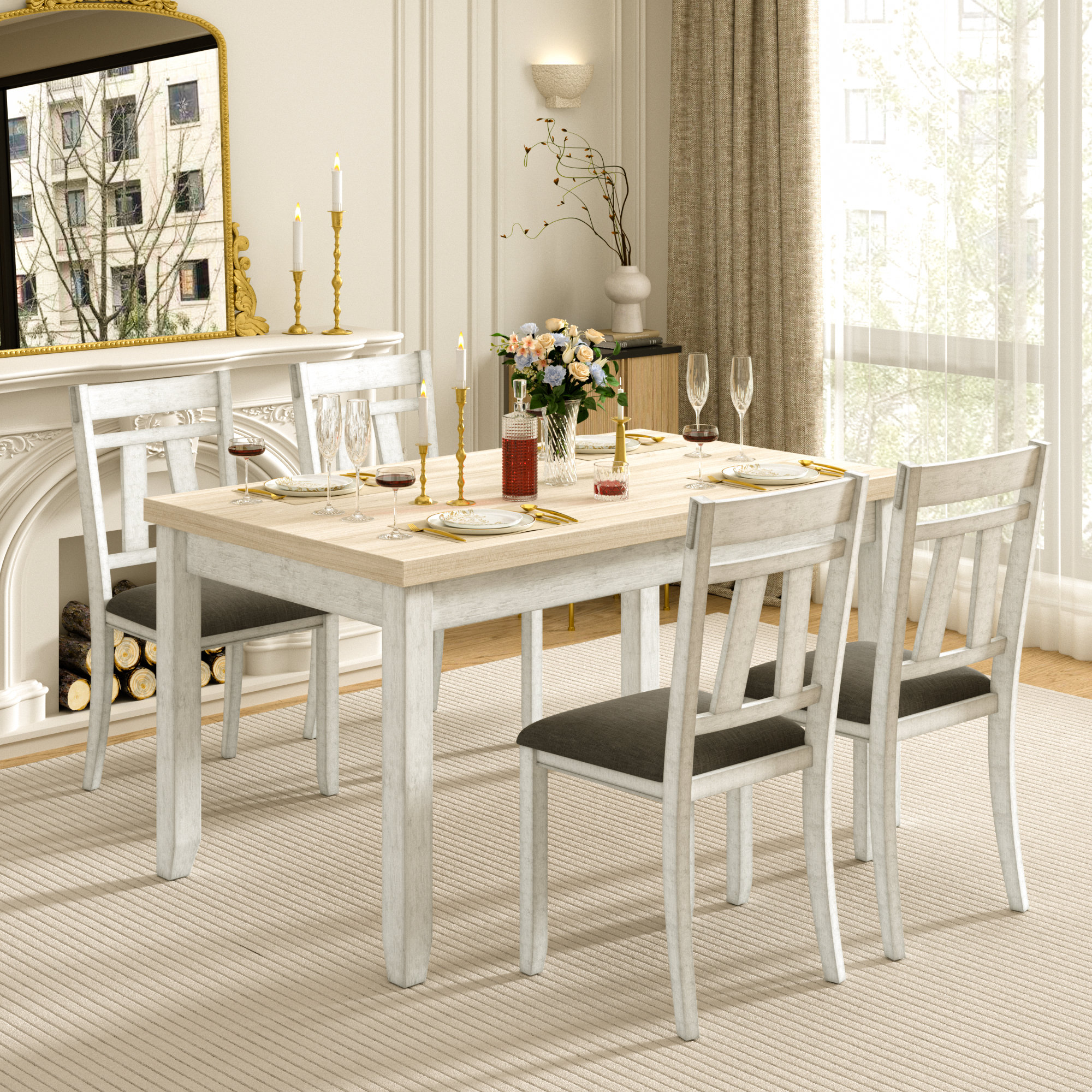 Gracie Oaks Ecker 5 Piece Dining Table Set, Solid Wood Farmhouse Rectangle Dining Table And ...