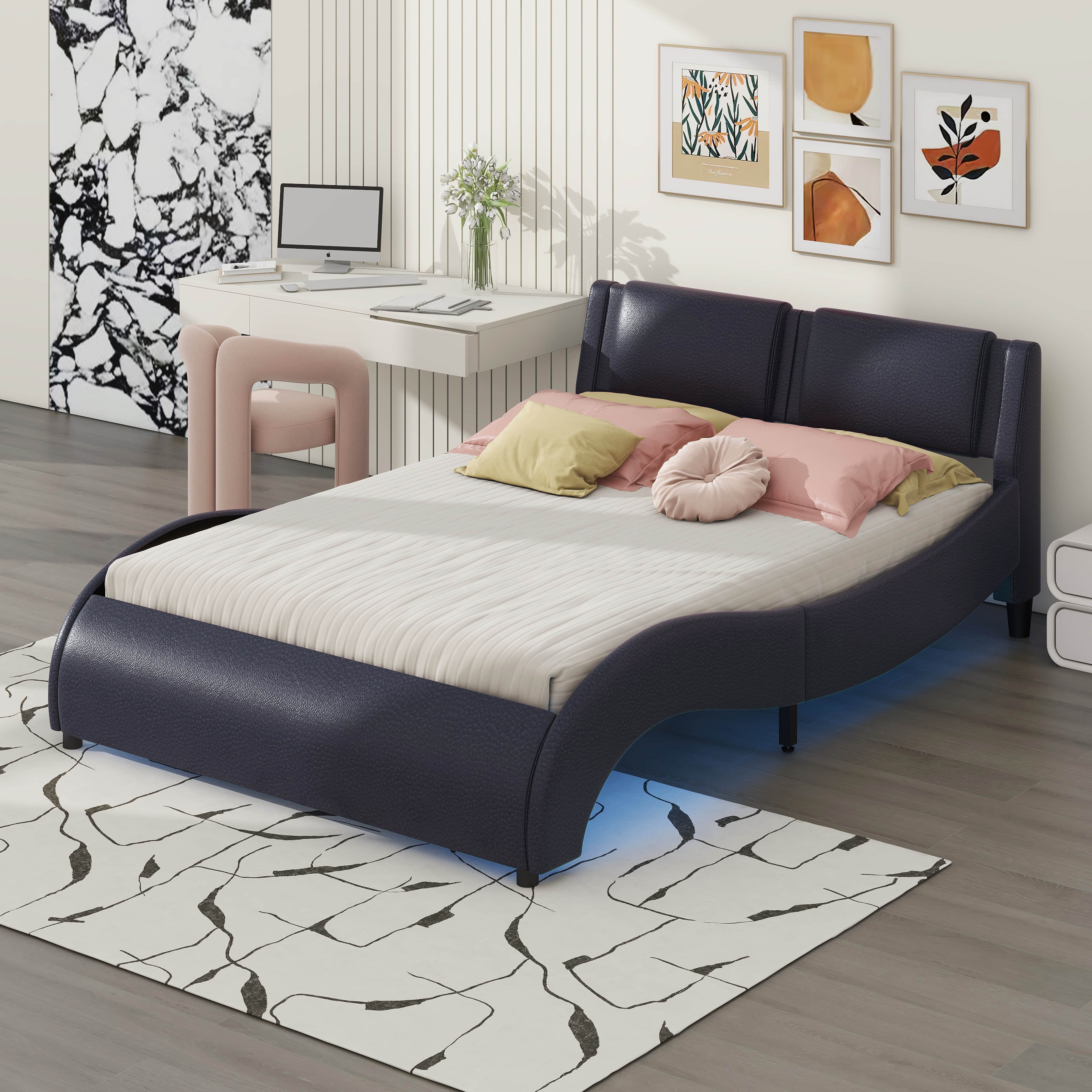 Latitude Run® Full Size Upholstered Faux Leather Platform Bed With LED ...