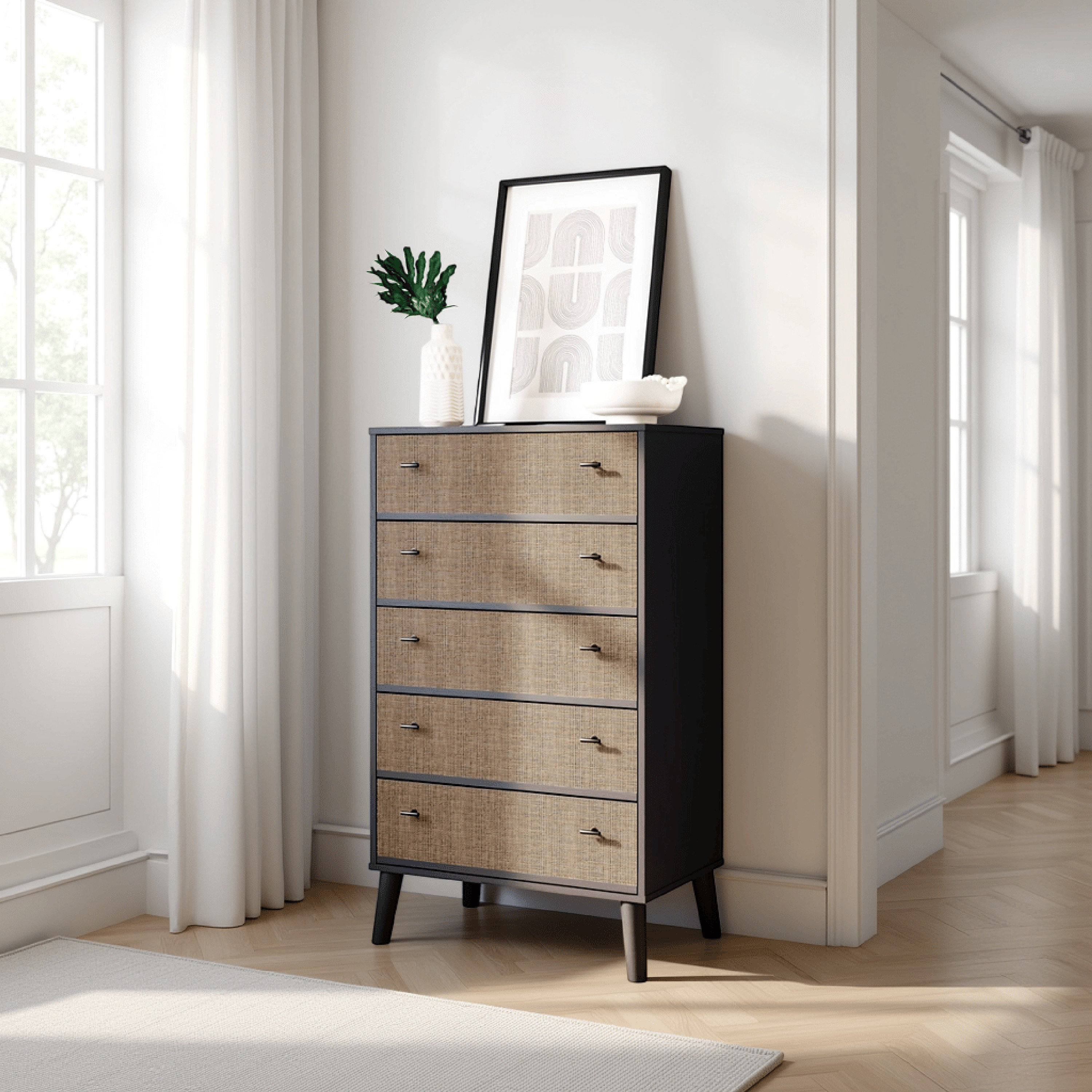 Benjara Hwan Tall Dresser Chest With 5 Drawers, Splayed Legs, Matte ...