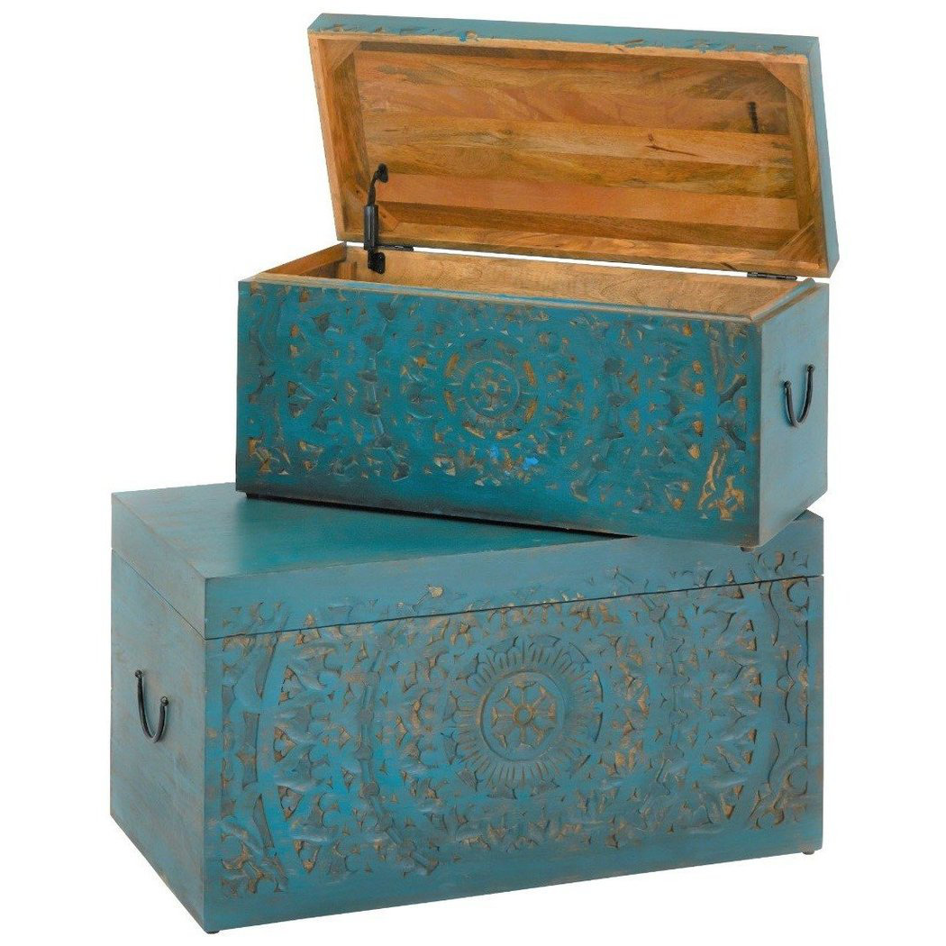 LOOMLAN Set Of 2 Rectangular Carved Distressed Blue Wash Storage Trunks ...
