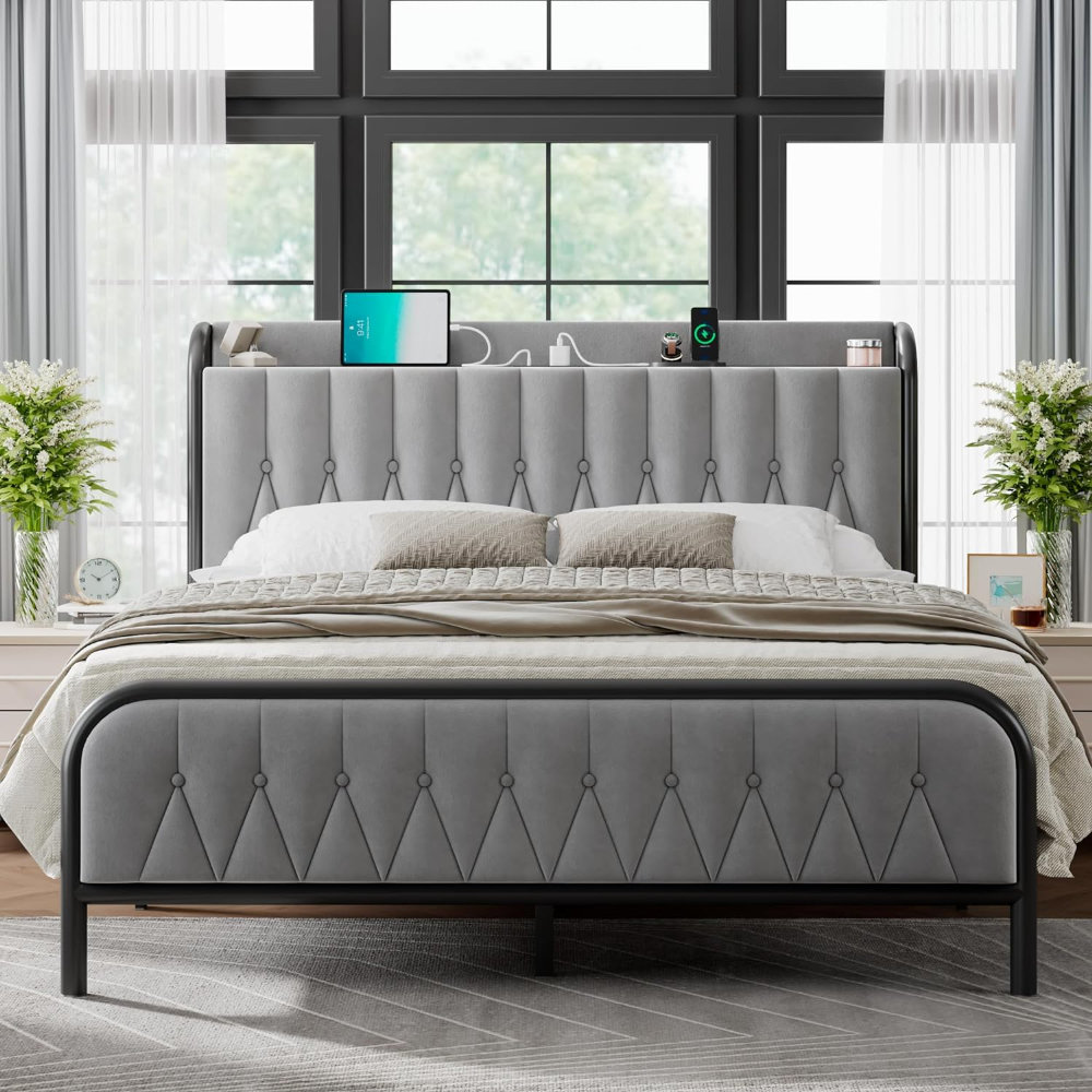 House of Hampton® VelvetSize Bed Frame With Fast Charging Station,Metal ...
