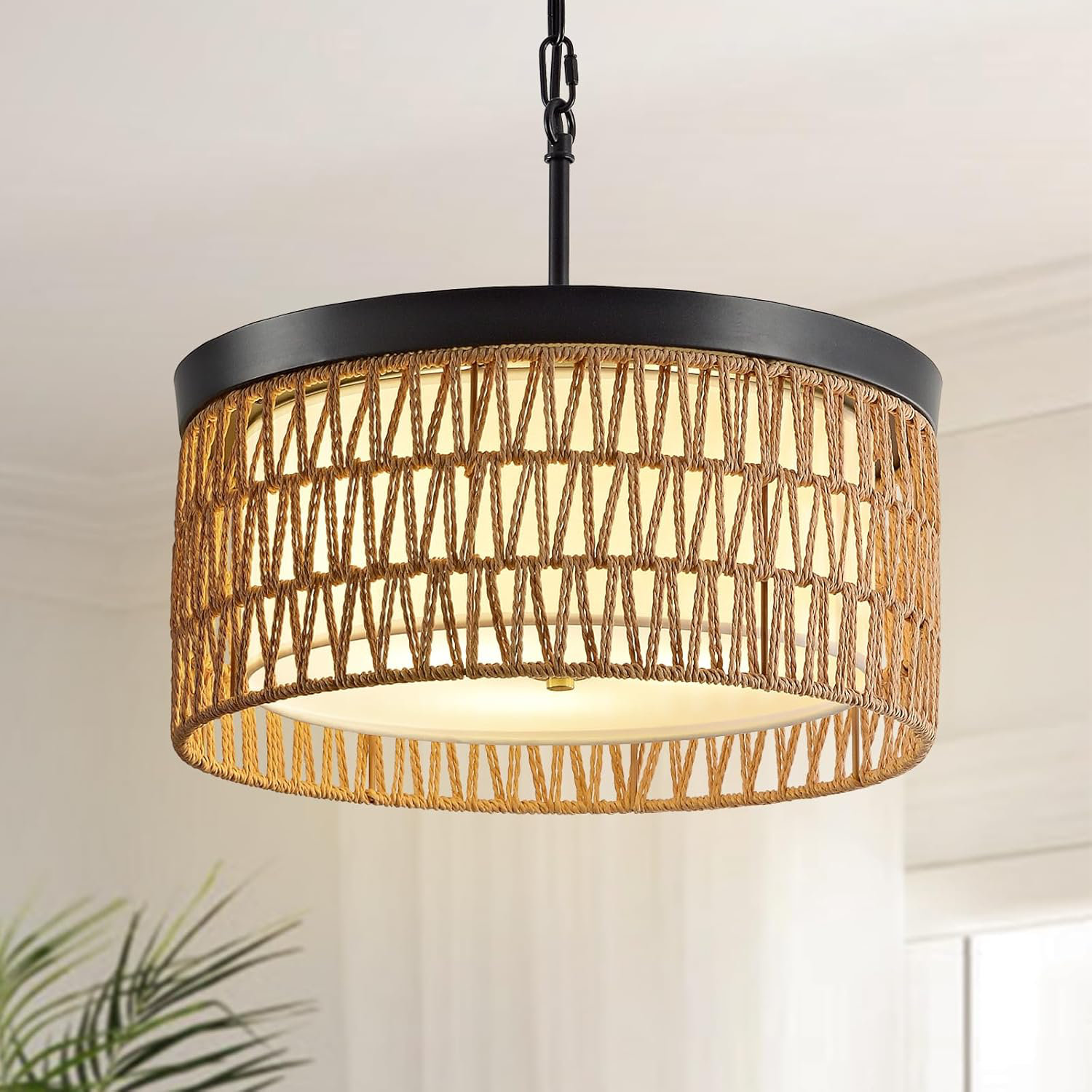 Bay Isle Home™ Handwoven Rattan Chandelier With Fabric Shade - 3-Light ...