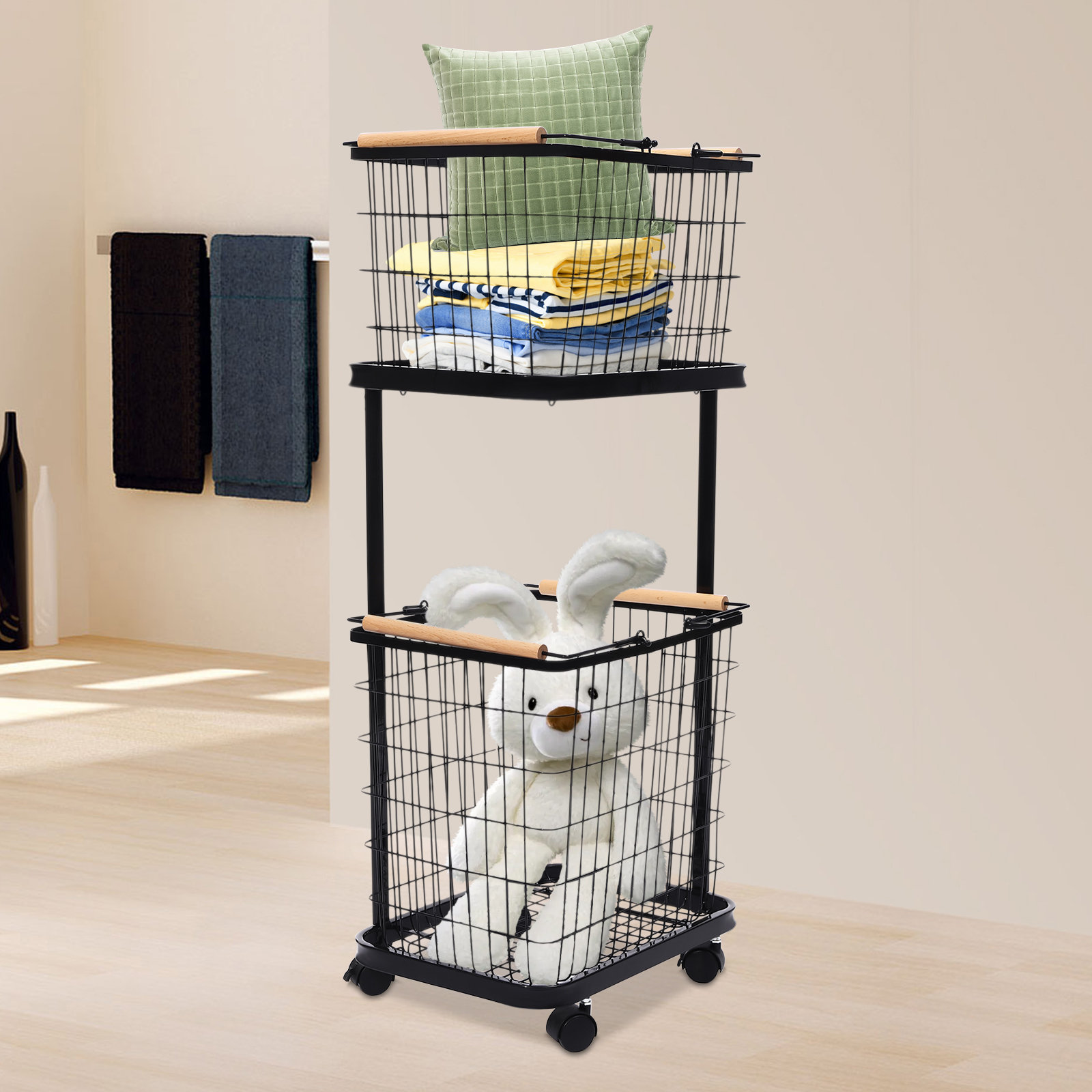 Rebrilliant 2-Tier Laundry Basket Metal Laundry Hamper With Wheels ...