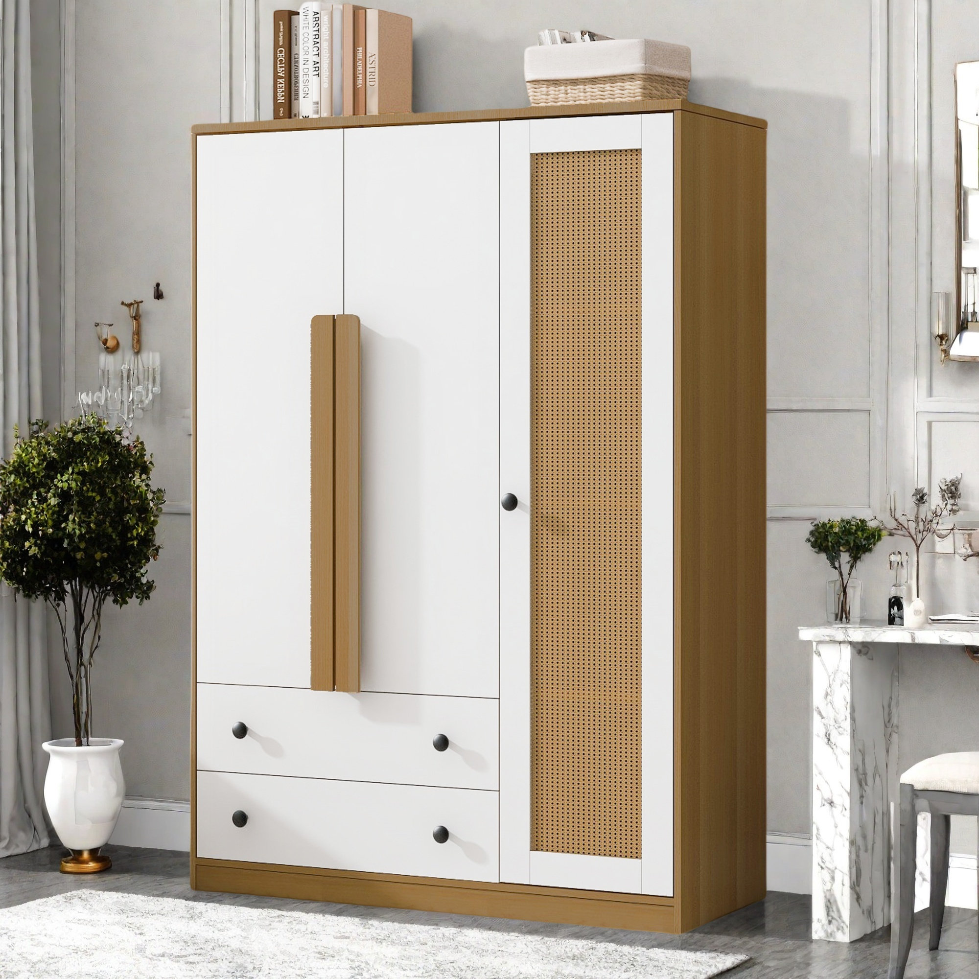 Bay Isle Home™ 3-door Wooden Rattan Wardrobe With 2 Drawers, A Hanging ...