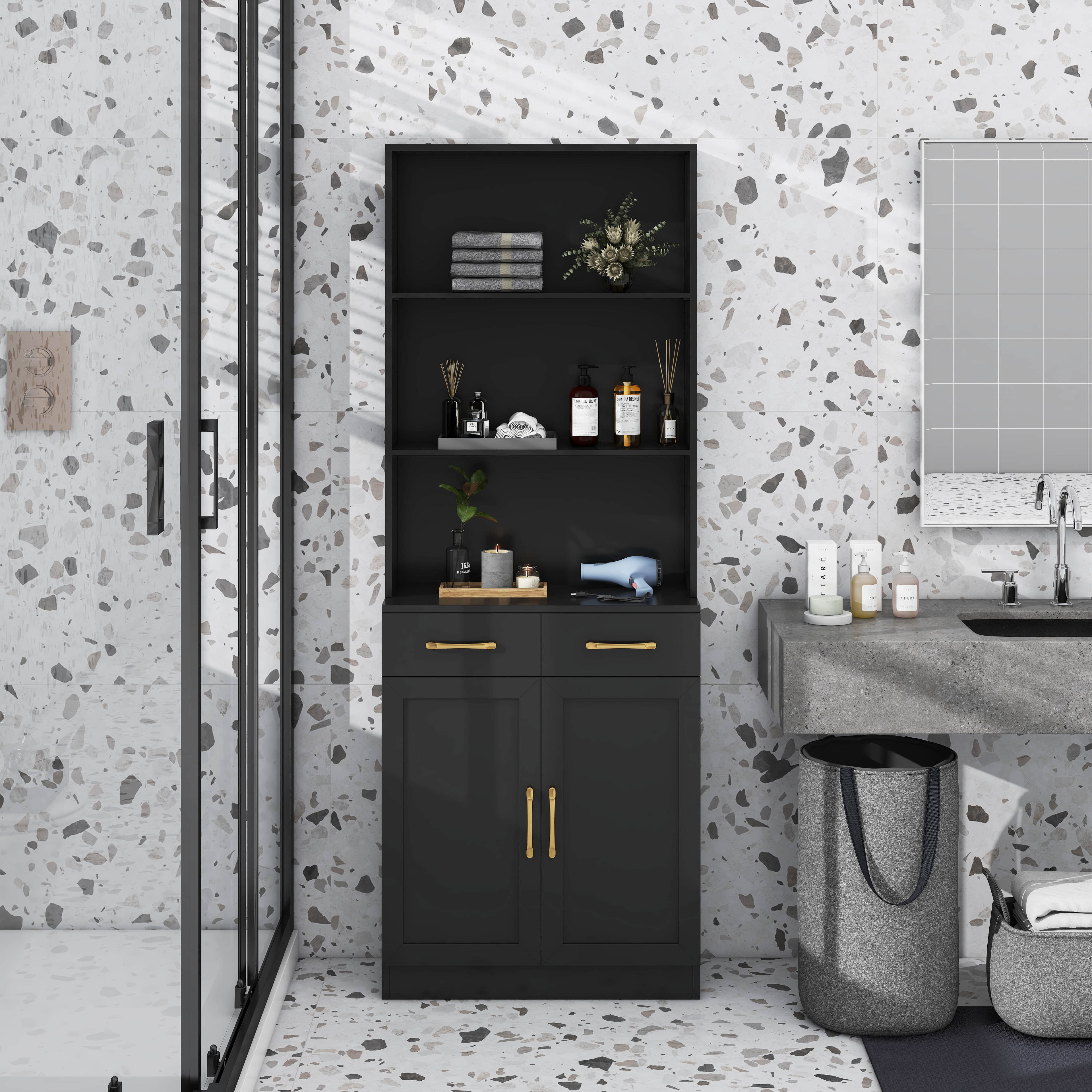 QSG Bathroom Storage Cabinet With Drawers,3-Layer Open Shelf ...