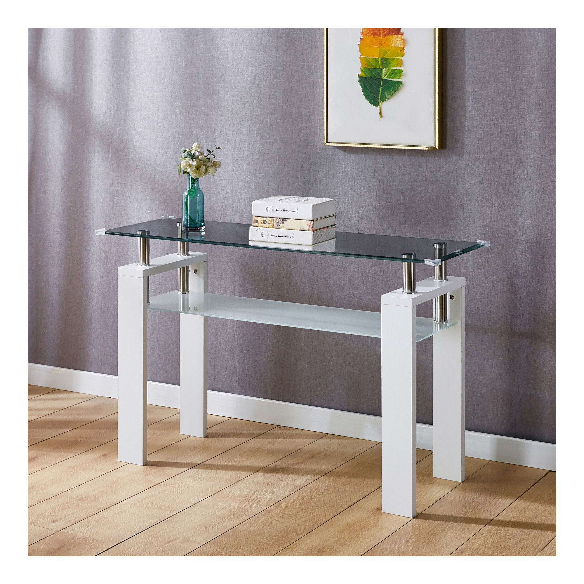 Ivy Bronx White MDF Console Table, Tempered Glass Top, Modern Foyer ...