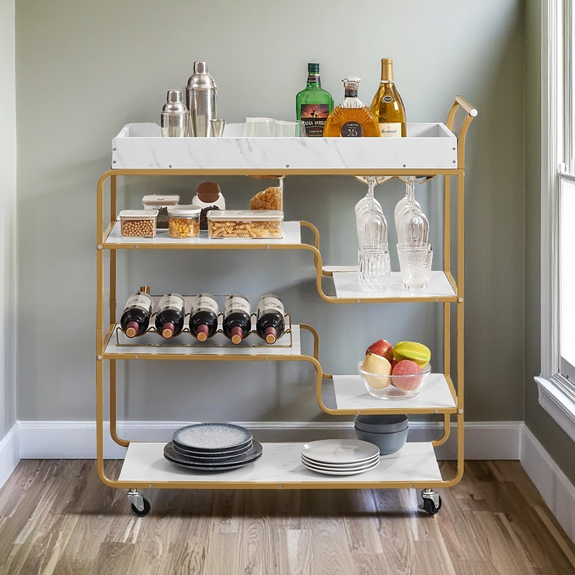 Mercer41 6-Tier Bar Cart, Slide Bar Serving Cart, Retro Style Wine Cart ...